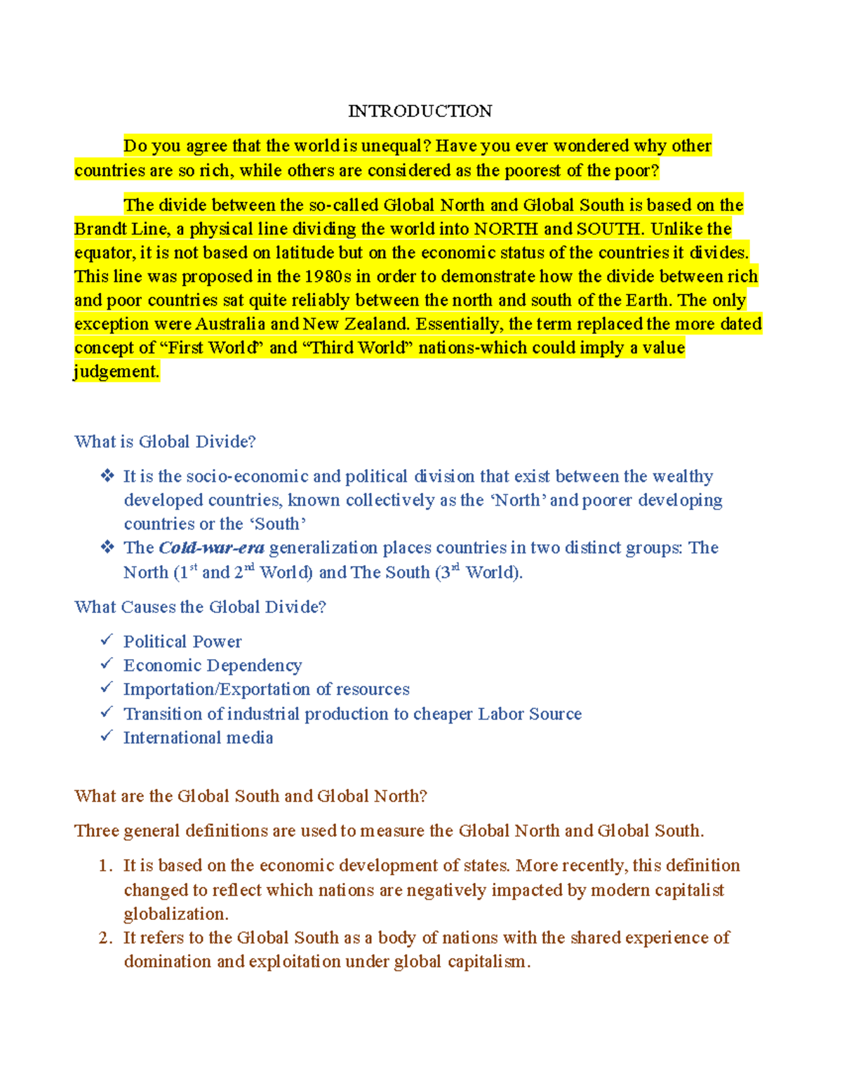 Global North and South summary notes - INTRODUCTION Do you agree that ...