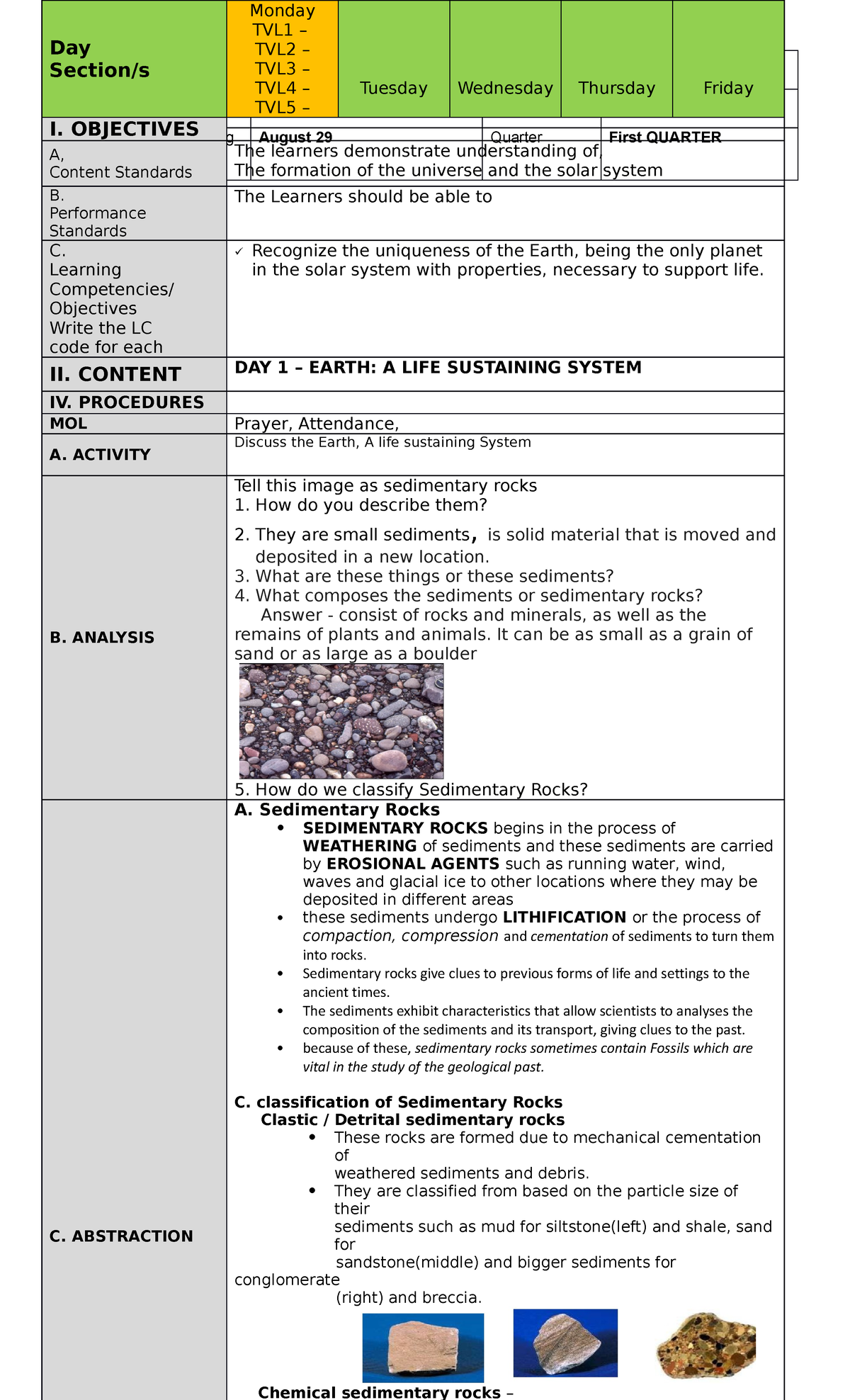 Lesson Plan Sedimentary Rocks - School Grade Level 11 Teacher Learning ...