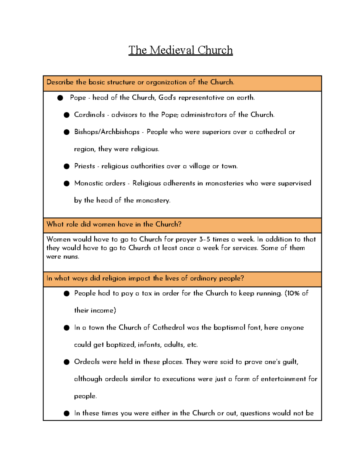 The Medieval Church - The Medieval Church Describe the basic structure ...