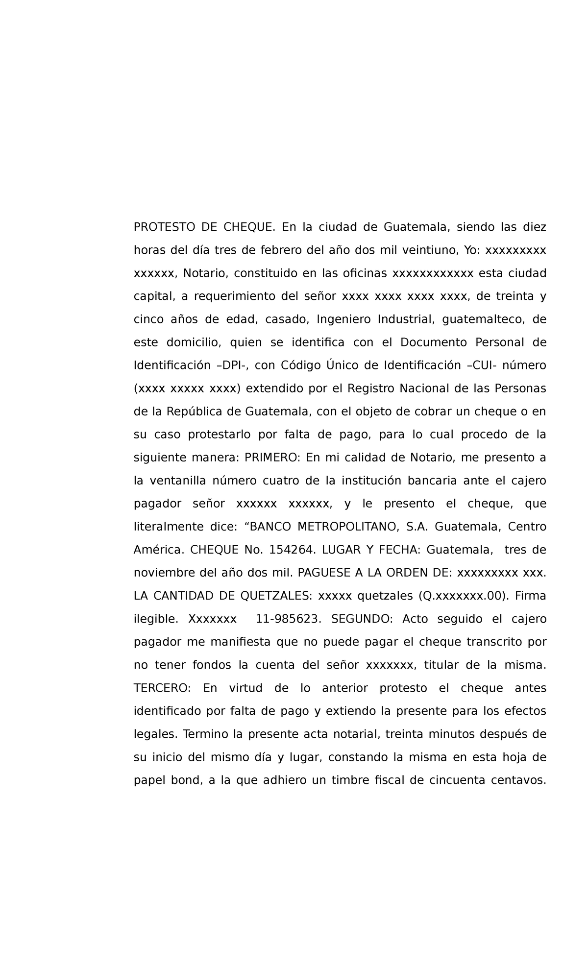 ACTA DE Protesto DE Cheque - PROTESTO DE CHEQUE. En la ciudad de ...