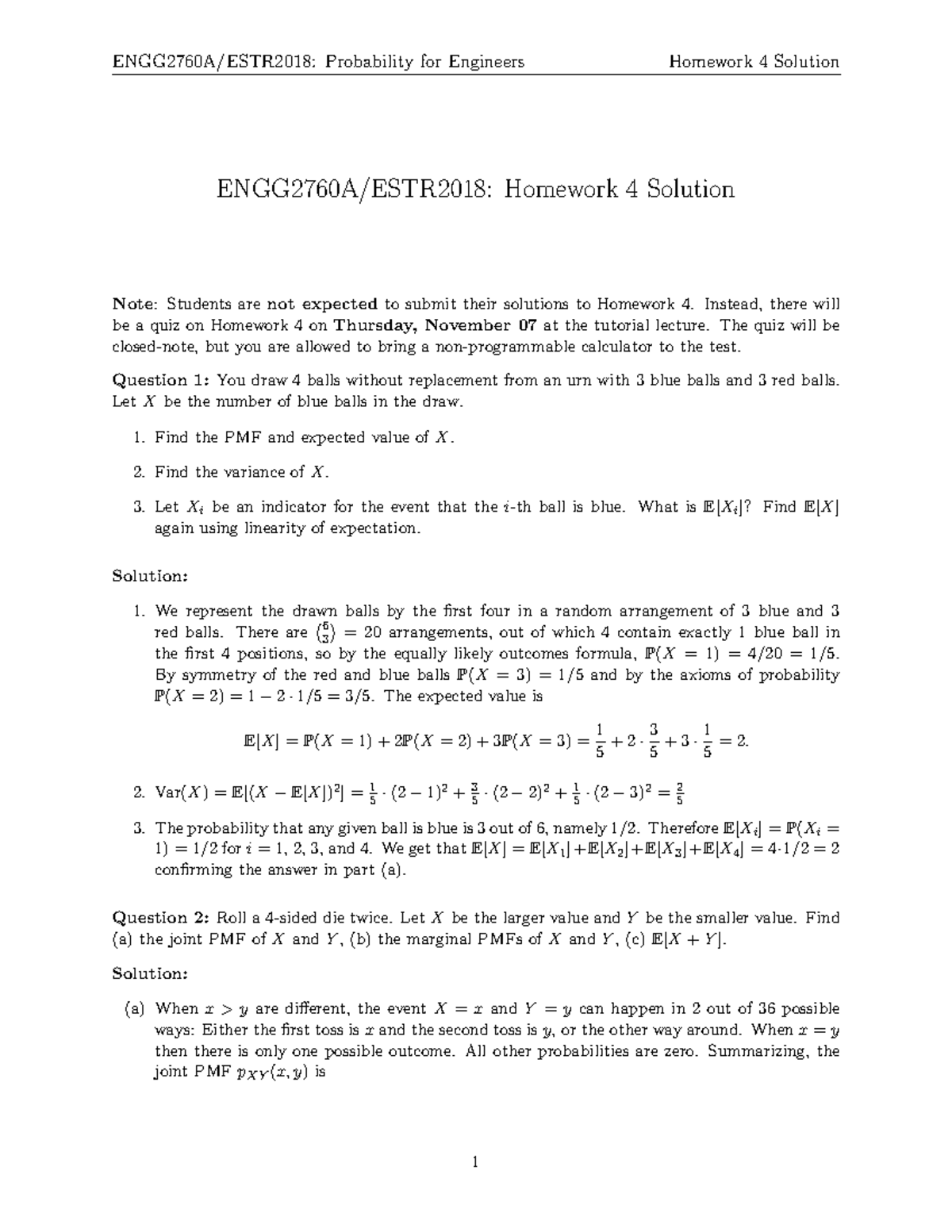 ENGG2670A&ESTR2018 HW4 sol - ENGG2760A/ESTR2018: Probability for Engineers Homework 4 Solution ...