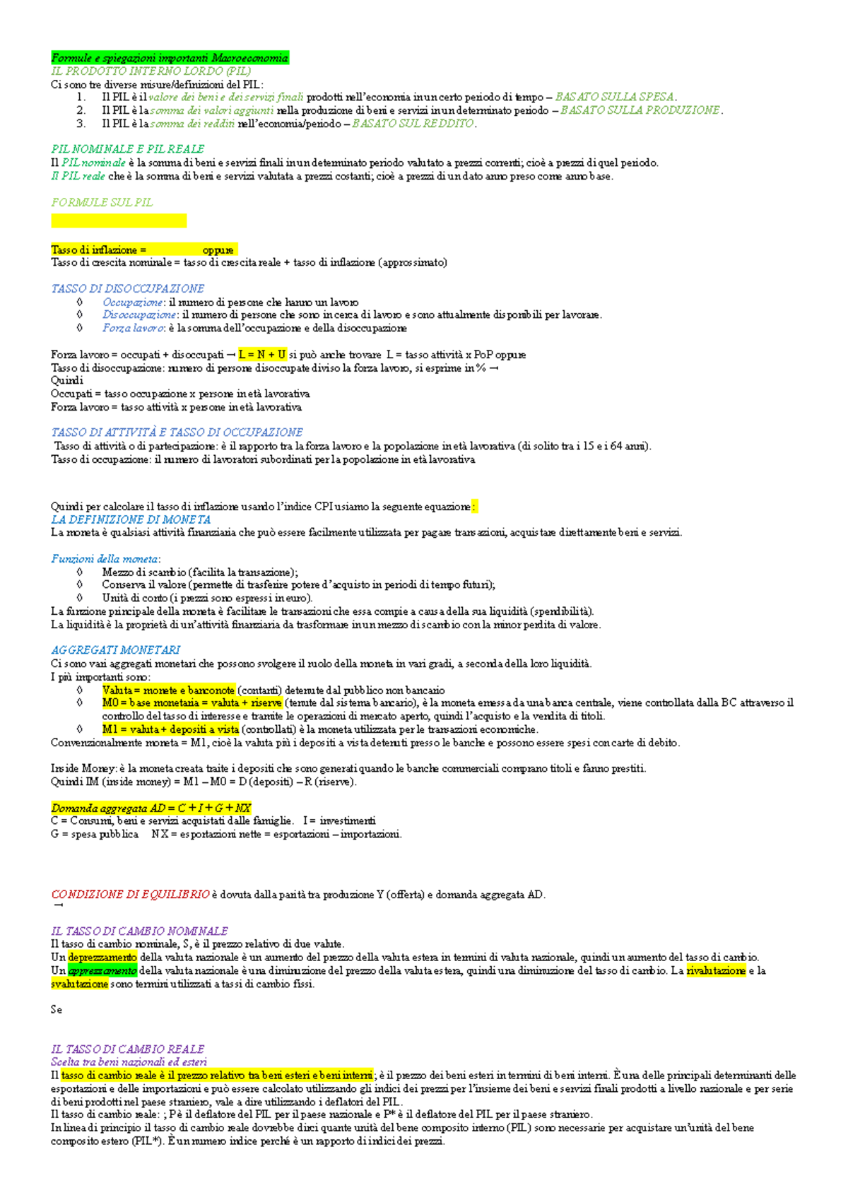 Formule e spiegazioni importanti Macroeconomia - Il PIL è il valore dei ...