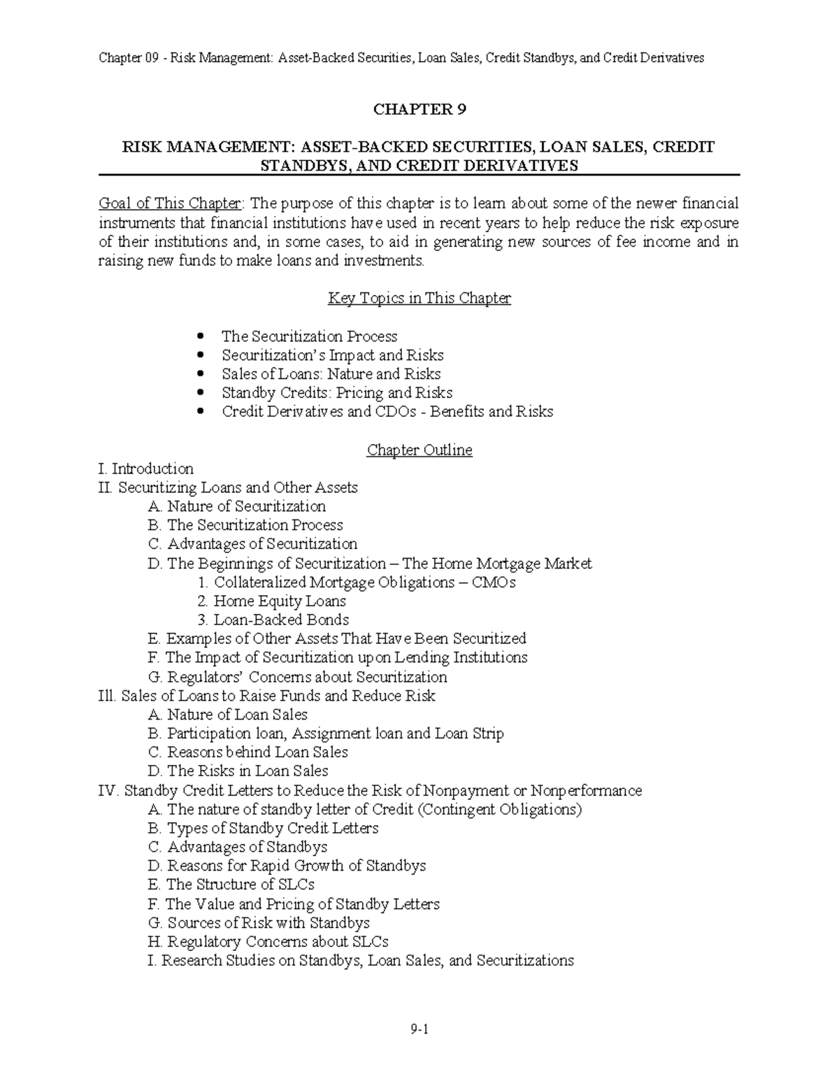 Tutorial 9- Securitization - CHAPTER 9 RISK MANAGEMENT: ASSET-BACKED SECURITIES, LOAN SALES ...
