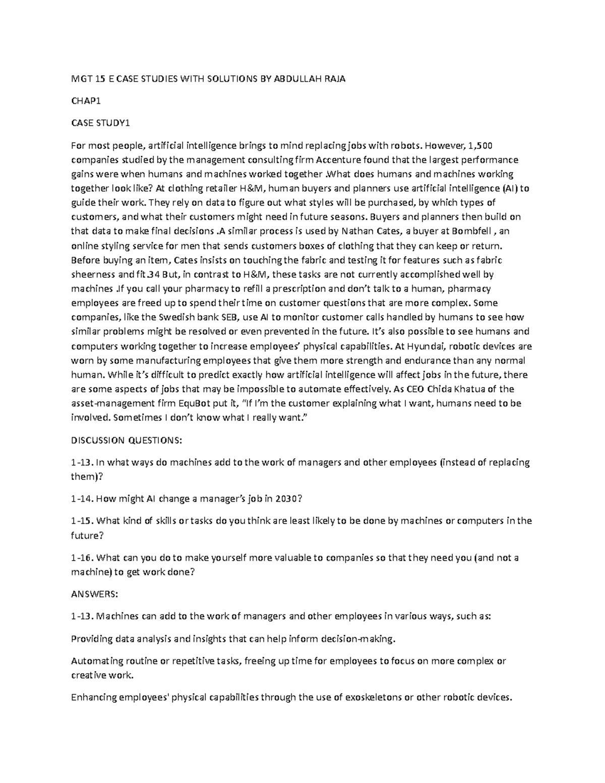 MGT 15 E CASE Studies WITH Solutions BY Abdullah RAJA - MGT 15 E CASE ...