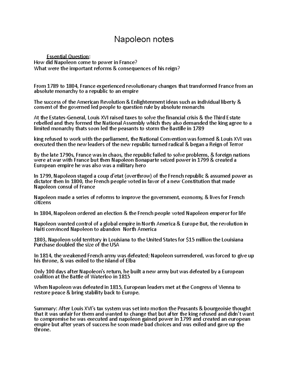 Napoleon notes - Napoleon notes Essential Question: How did Napoleon ...