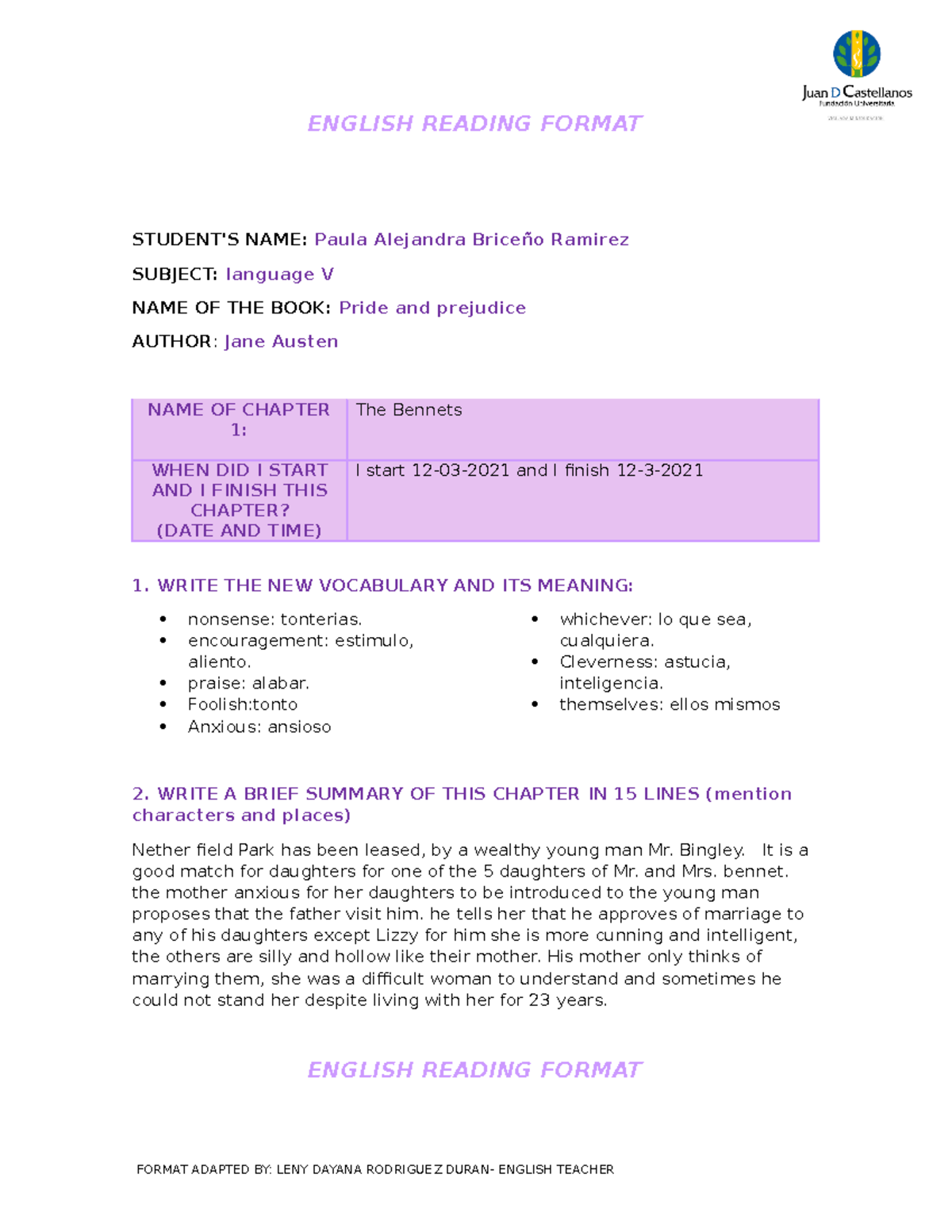 English Reading Format - ENGLISH READING FORMAT STUDENT'S NAME: Paula ...