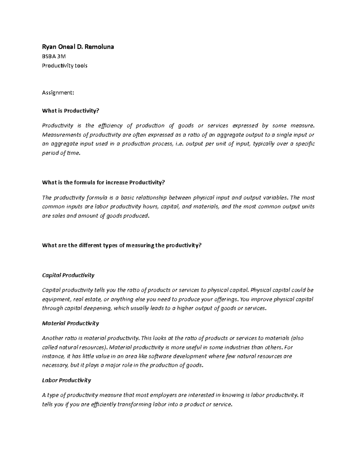 Productivity- Assignment - Ryan Oneal D. Remoluna BSBA 3M Productivity ...