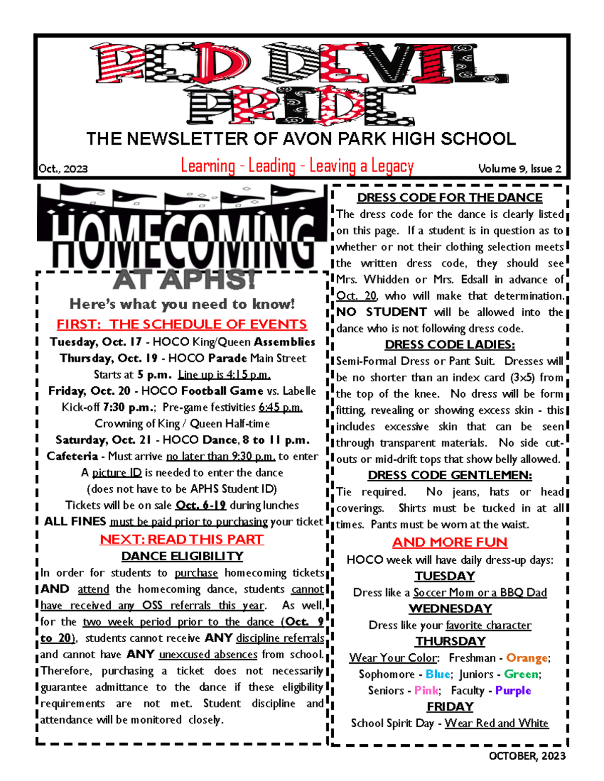 RED Devil Pride Oct. 2023 - THE NEWSLETTER OF AVON PARK HIGH SCHOOL Oct ...