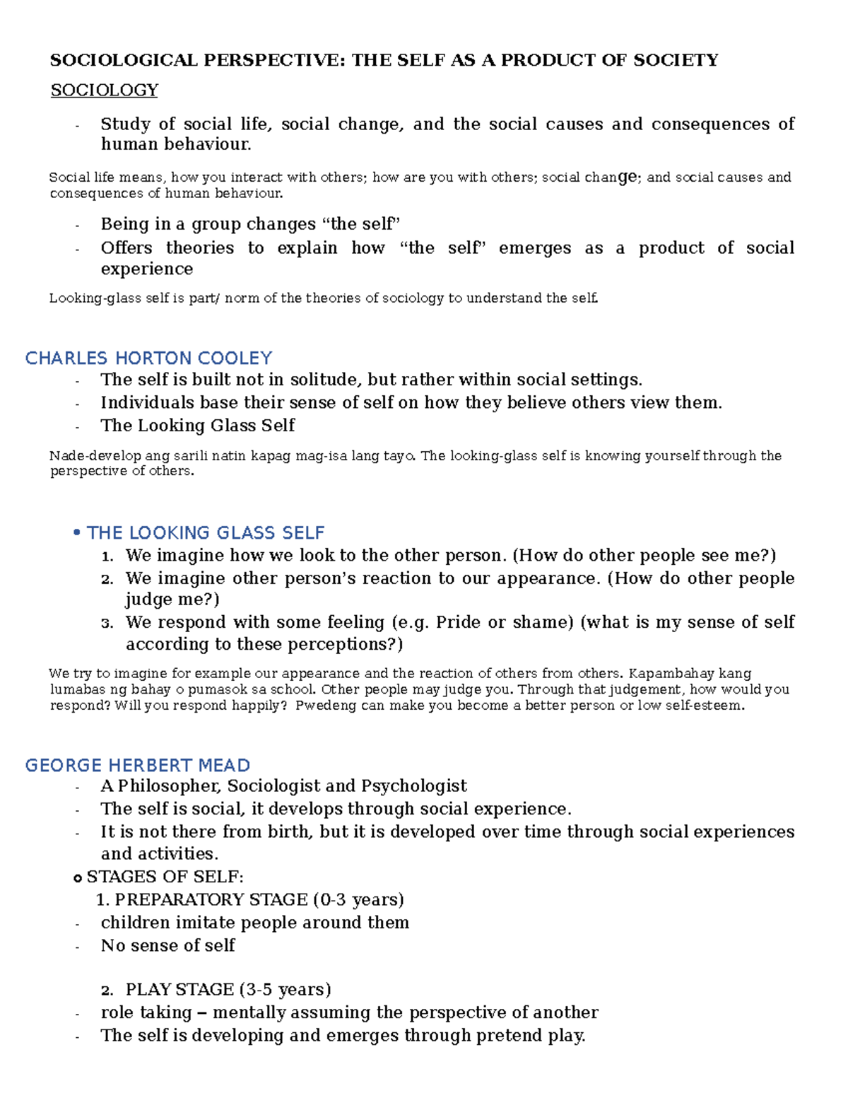 Sociology - SOCIOLOGICAL PERSPECTIVE: THE SELF AS A PRODUCT OF SOCIETY ...