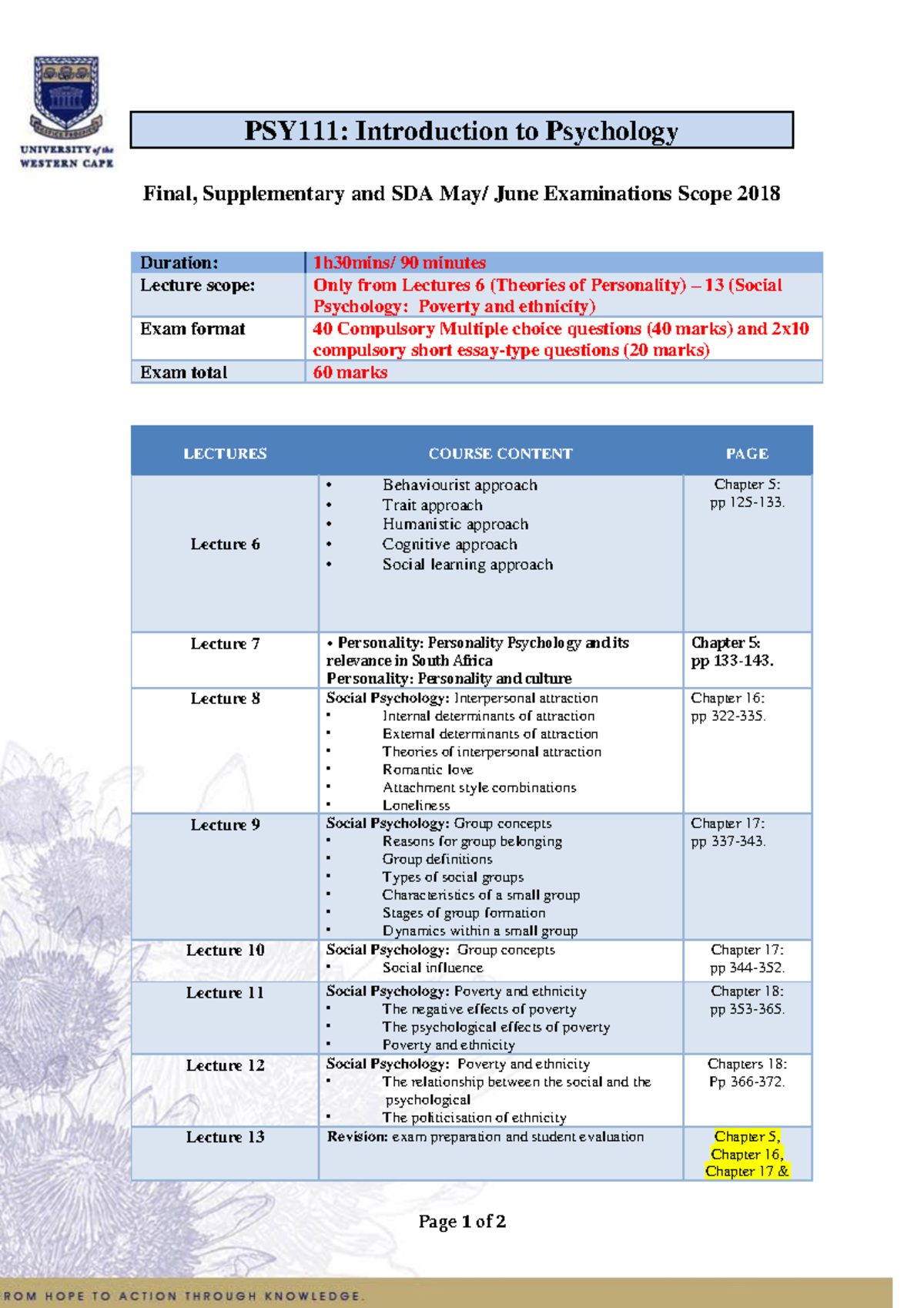 Exam Exam Final June 2018, questions - PSY111: Introduction to ...