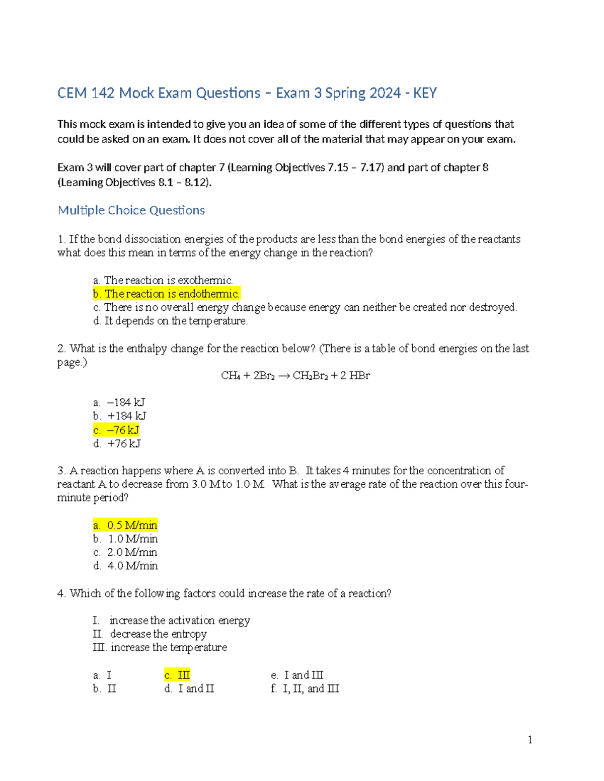 CEM142 Mock Exam 3 KEY - Exam key - CEM 142 Mock Exam Questions – Exam ...