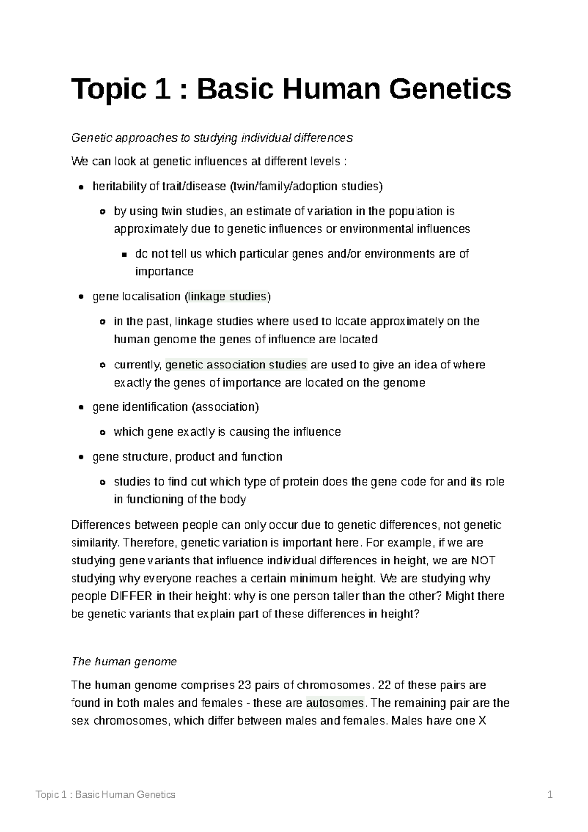 Topic 1 Basic Human Genetics - Topic 1 : Basic Human Genetics Genetic ...