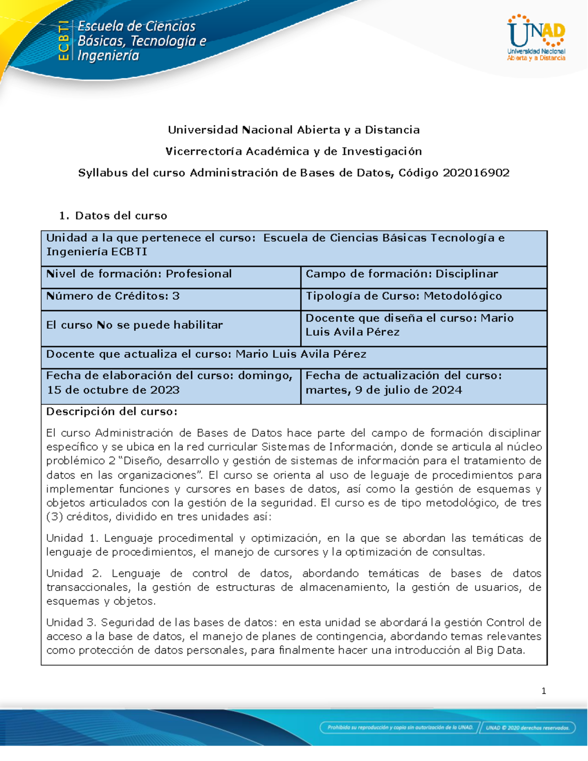 Syllabus de curso Administración de Bases de Datos - Universidad ...