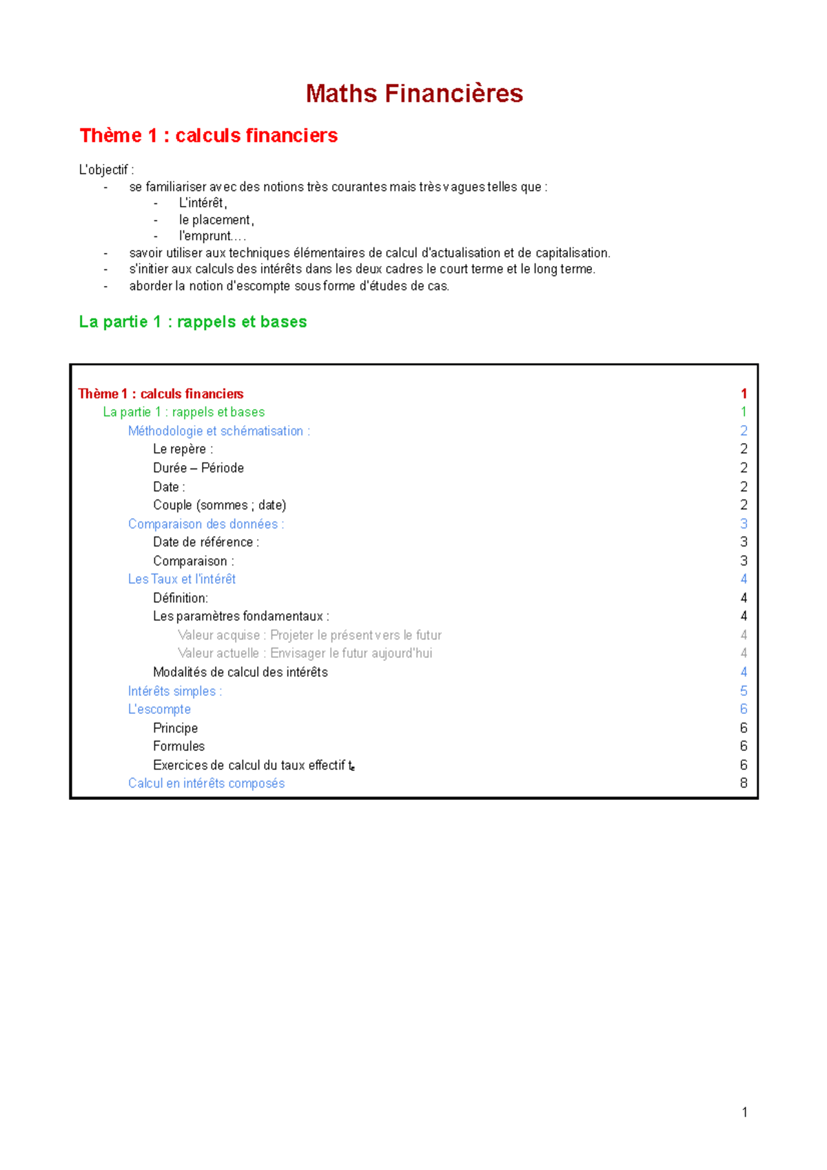 Math Financière - Notes de cours 1-10 - Maths Financières Thème 1 ...
