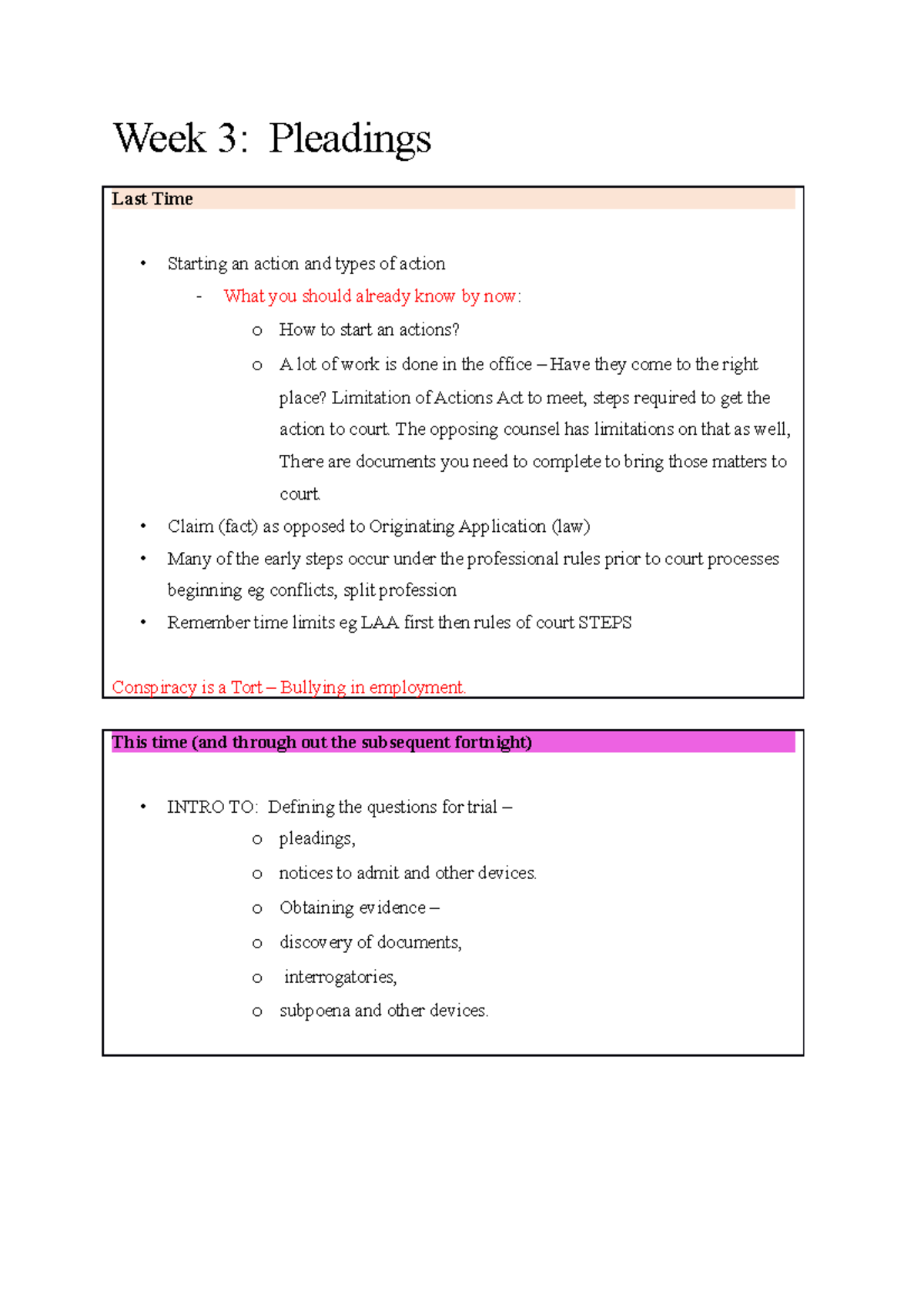 Week 3 Notes Done - Week 3: Pleadings Last Time Starting an action and ...