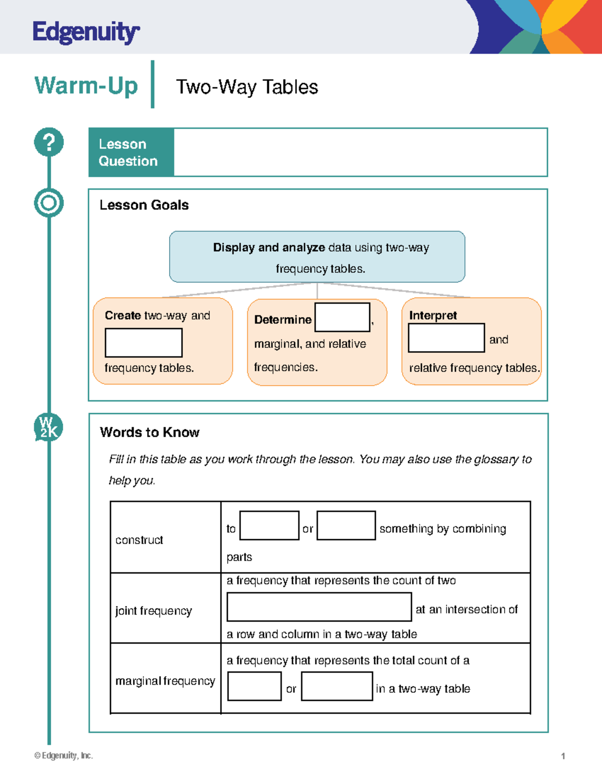 3109 12 02 Two Way Tables GN SE - Lesson Goals ? Two-Way Tables Create ...