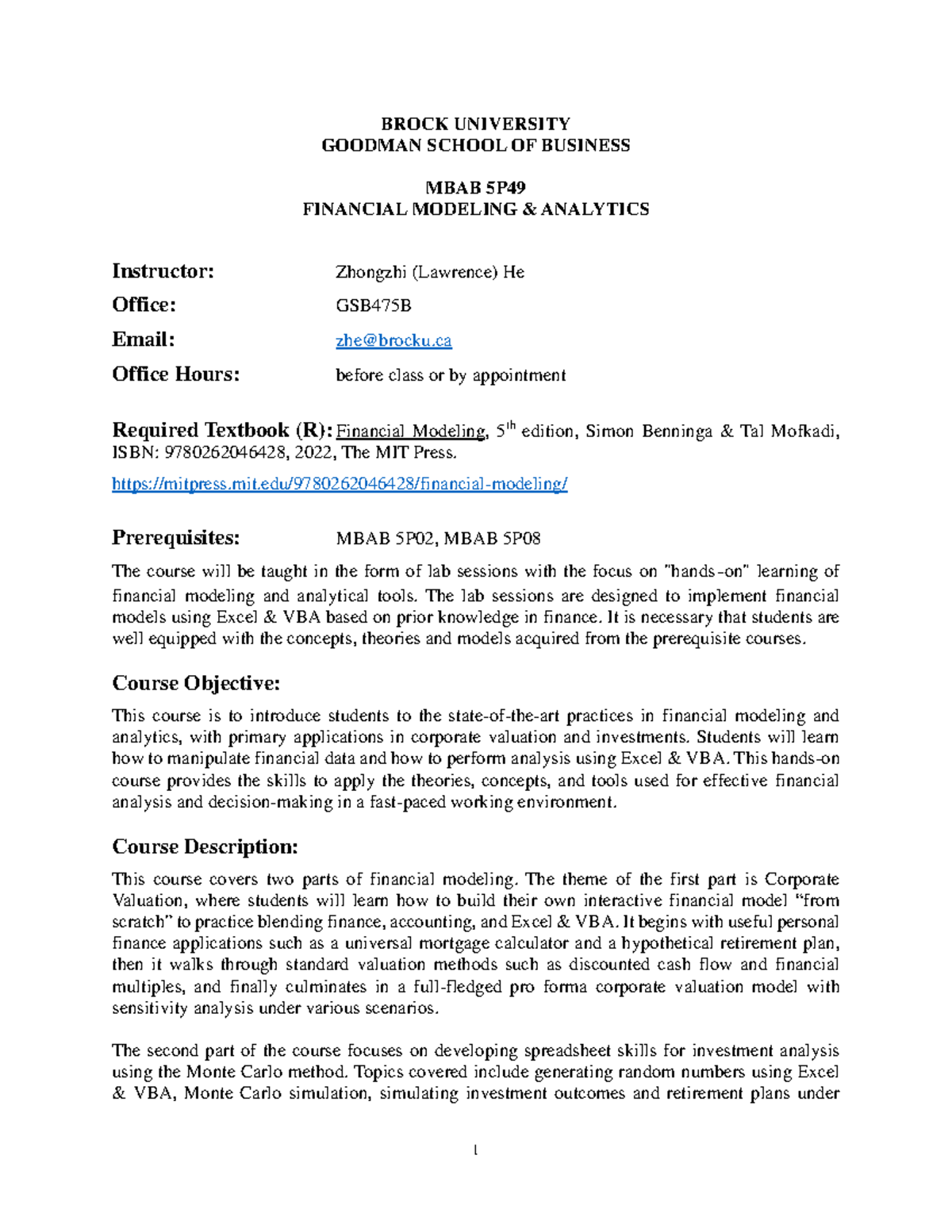 MBAB5P49 Course Outline - 1 BROCK UNIVERSITY GOODMAN SCHOOL OF BUSINESS ...