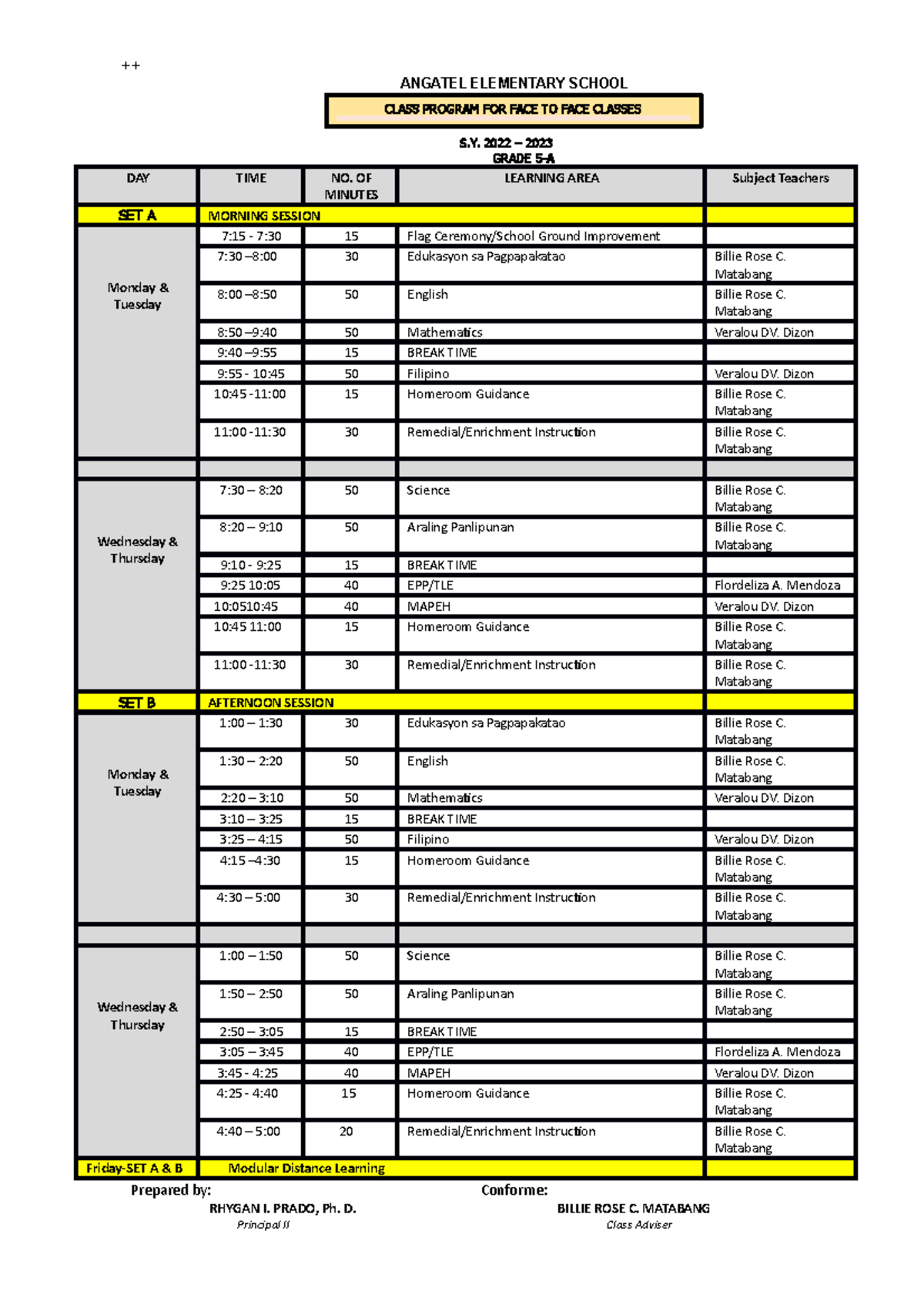 Class-program-SY-2022-2023 bhel - ++ ####### ANGATEL ELEMENTARY SCHOOL ...