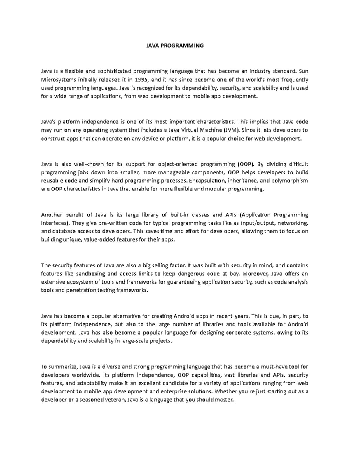 JAVA Programming - Information Technology - JAVA PROGRAMMING Java is a ...