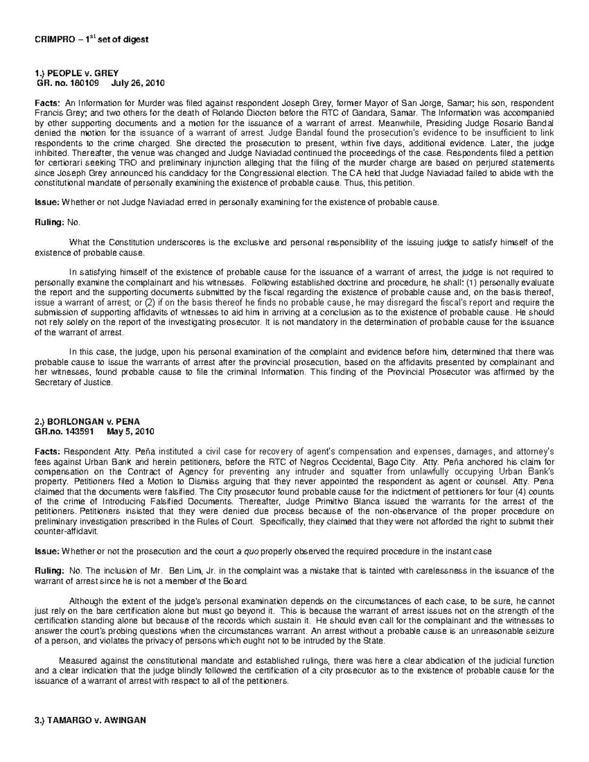 Pdf-crimpro-case-digest-arrest compress - CRIMPRO – 1 st set of digest 1.) PEOPLE v. GREY GR. no ...