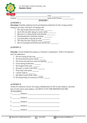 Grade 7 Activity - ENGLISH 7 - ST. MICHAEL’S HIGH SCHOOL, INC. Gandara ...
