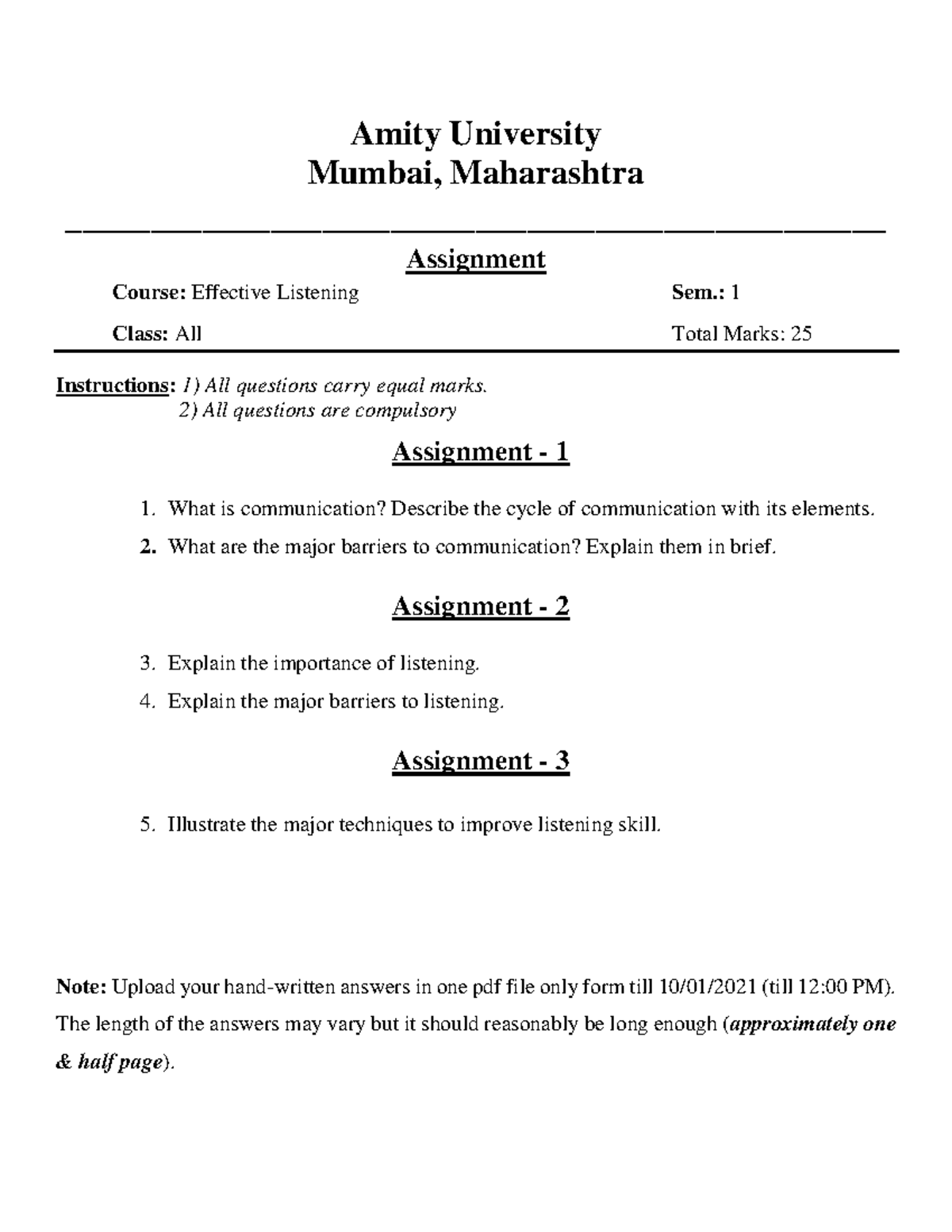 CSS End Sem Assignment Sem-1 Effective Listening All - Amity University ...