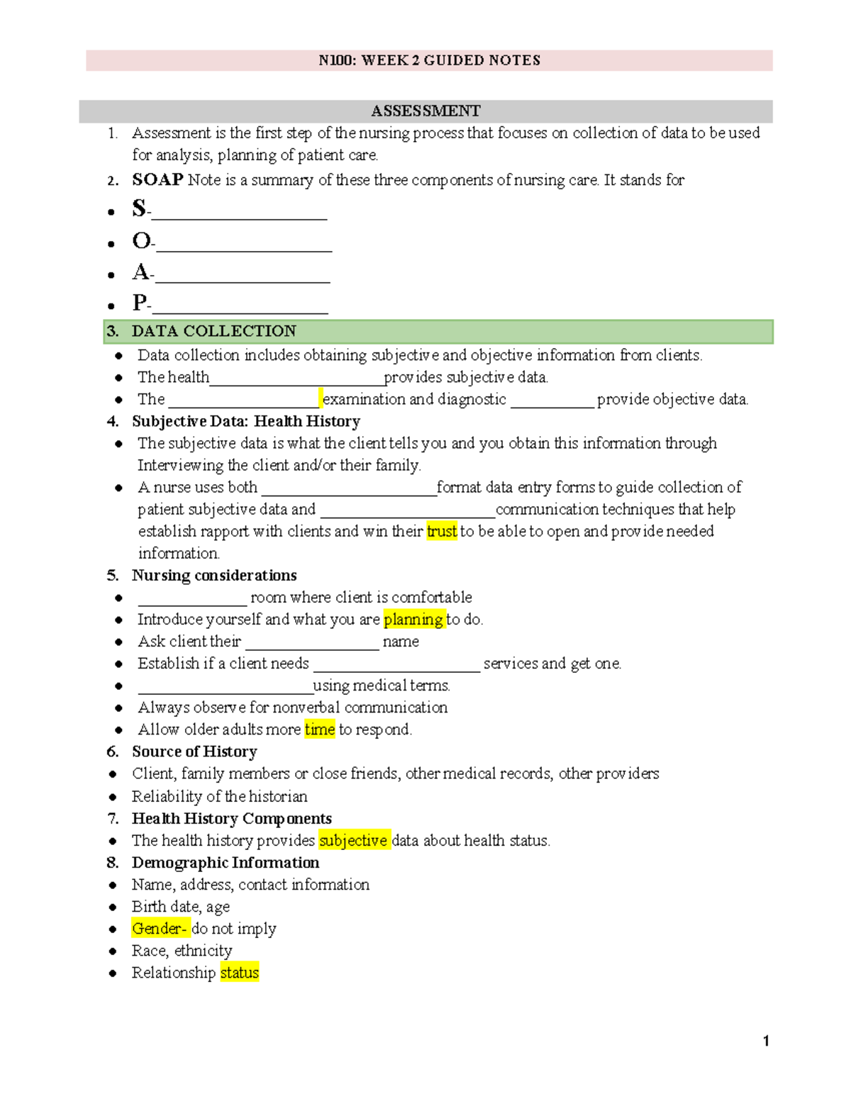 N100 Week 2 Guide Notes - lecture - ASSESSMENT Assessment is the first ...