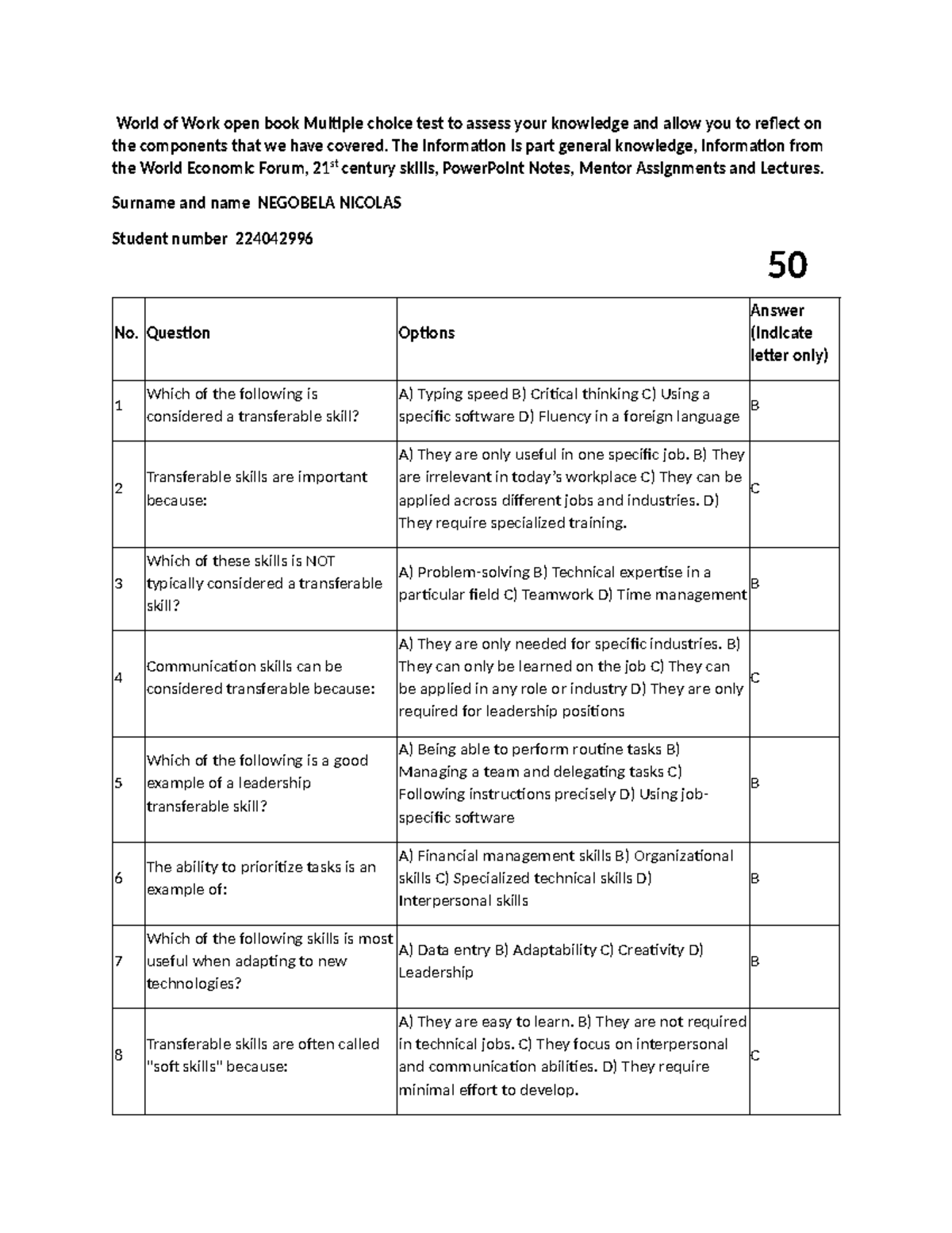 World of Work Open book Test - World of Work open book Multiple choice ...