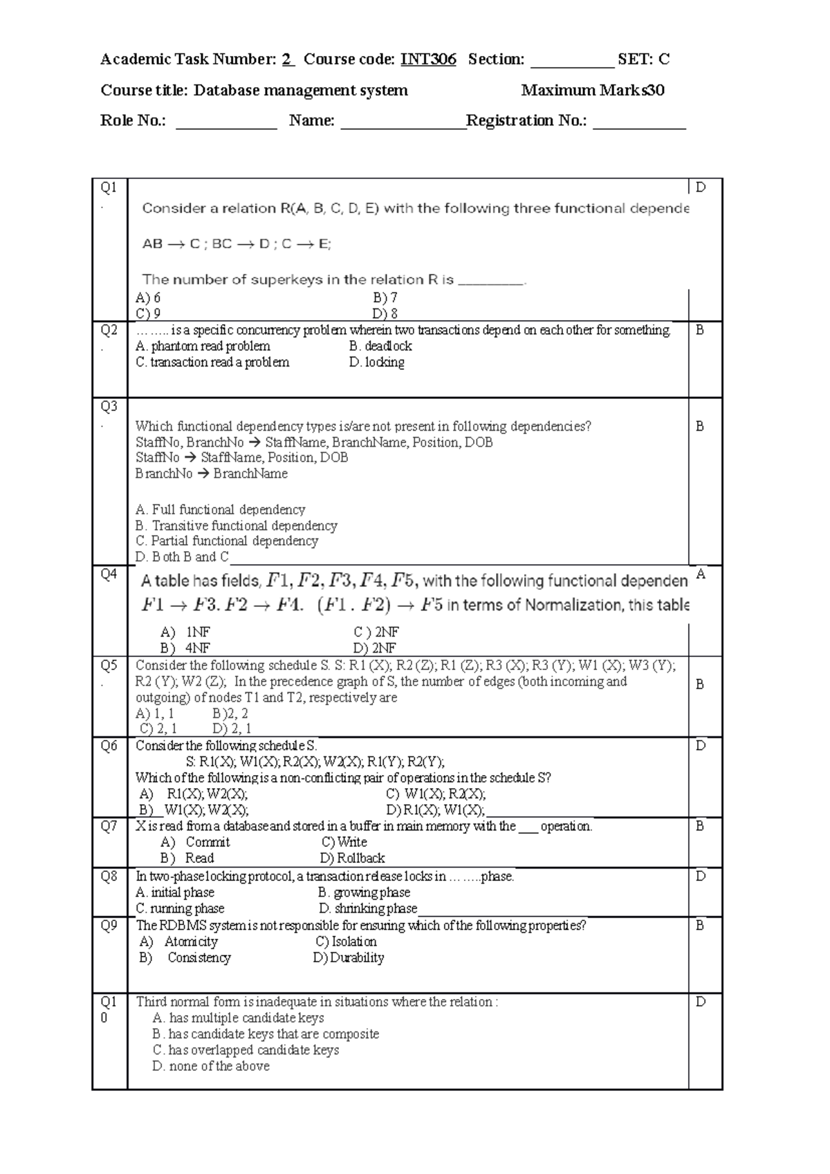 Set C - int ca setc - Course title: Database management system Maximum ...
