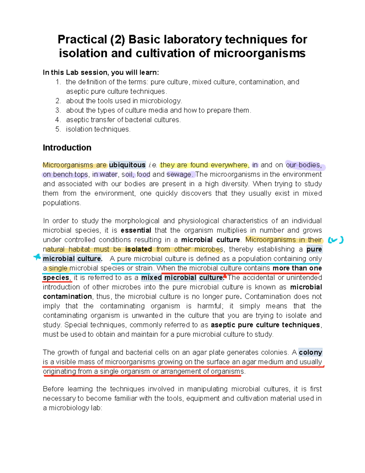 Practical 2 Basic laboratory techniques for isolation and cultivation - the definition of the ...