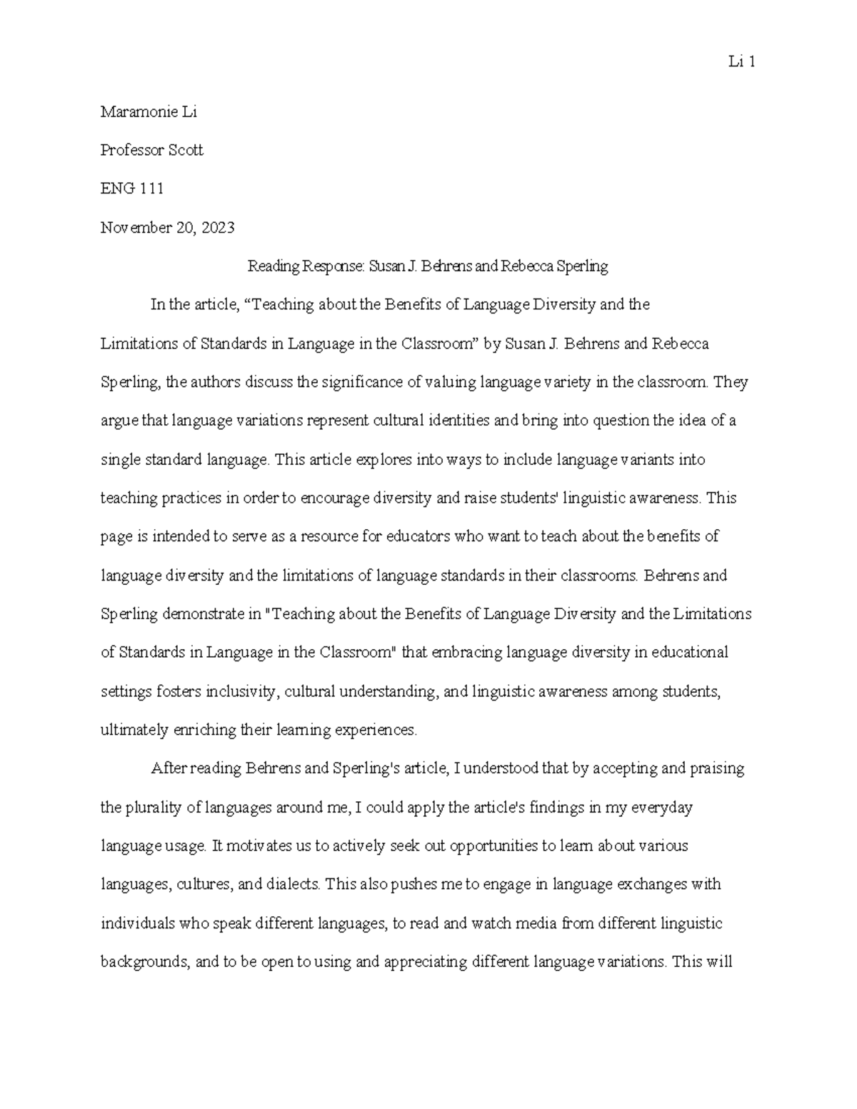 Behrens and Sperling reading response - Li 1 Maramonie Li Professor ...