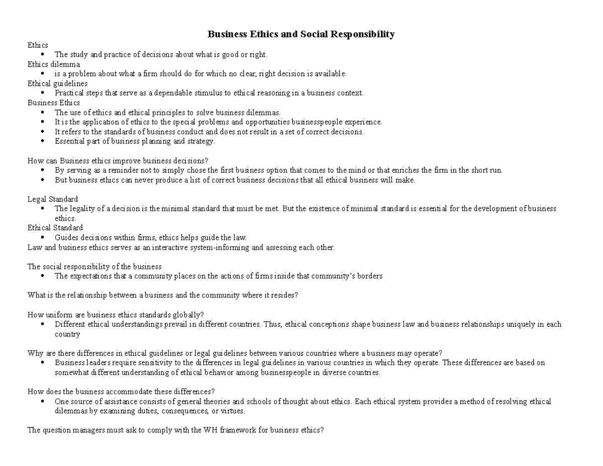 Business Ethics and Social Responsibility - Studocu