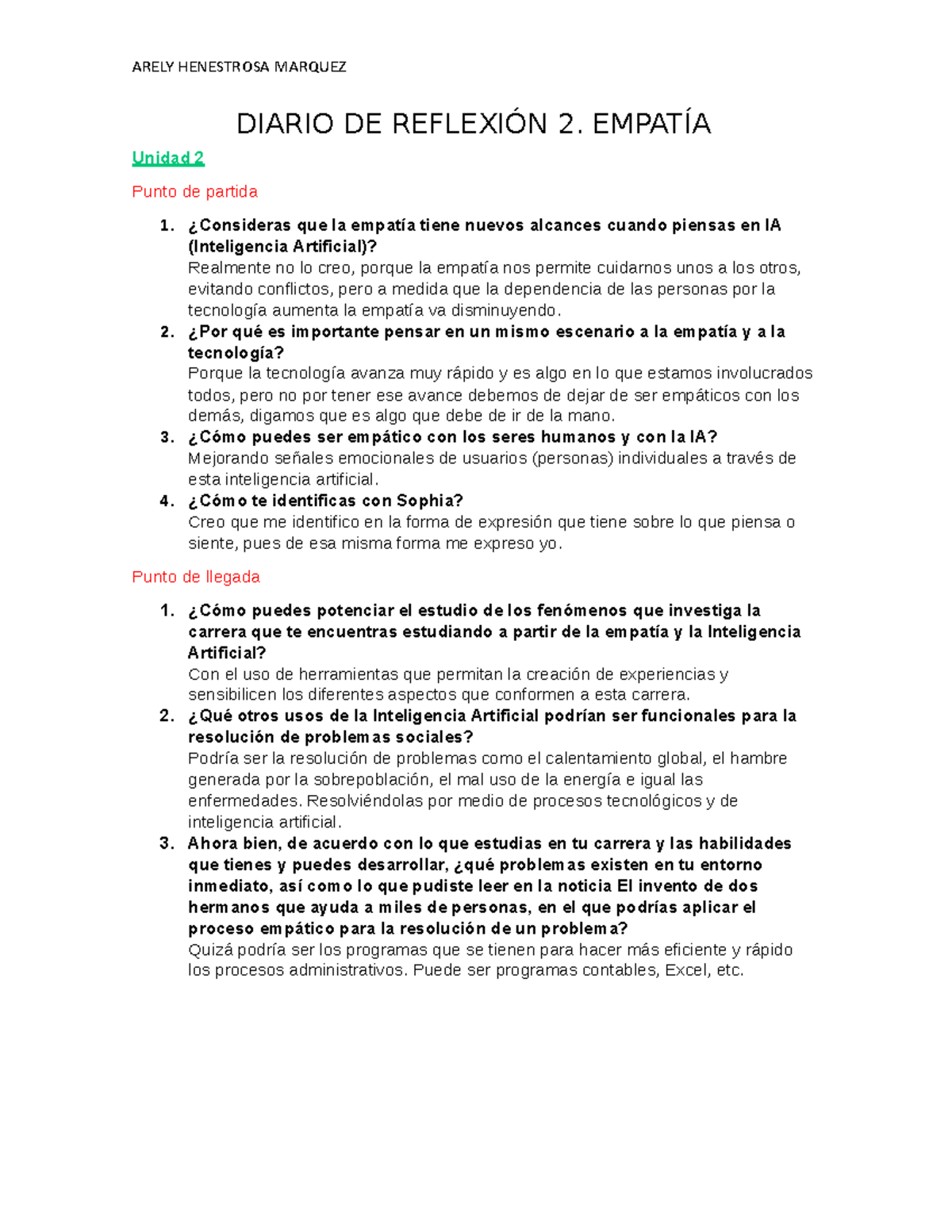 Diario de reflexiones Unidad 2. Empatía - ARELY HENESTROSA MARQUEZ DIARIO DE REFLEXIÓN 2 ...