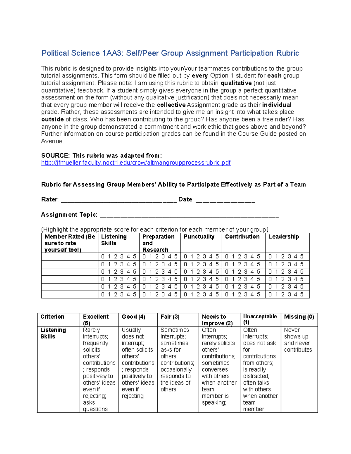 1AA3 Self and Peer Group Tutorial Assignment Participation Rubric 2023 ...