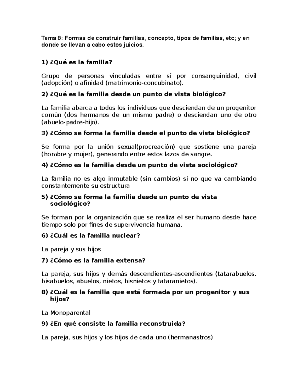 Familia Cuestionario - Tema 8: Formas de construir familias, concepto ...