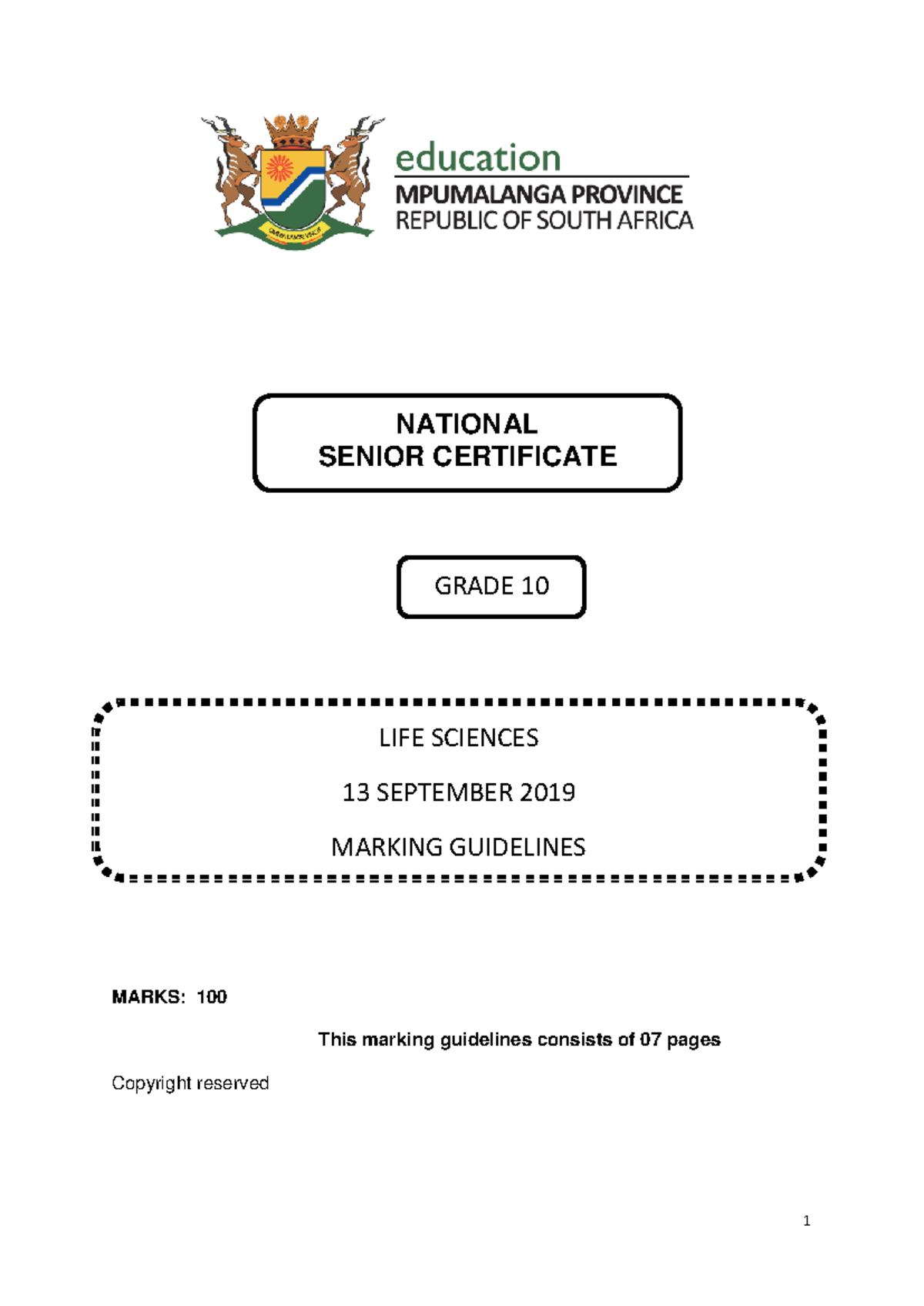 Grade 10 SBA Controlled TEST 3 Marking Guidelines-SEPT 2019 - MARKS ...