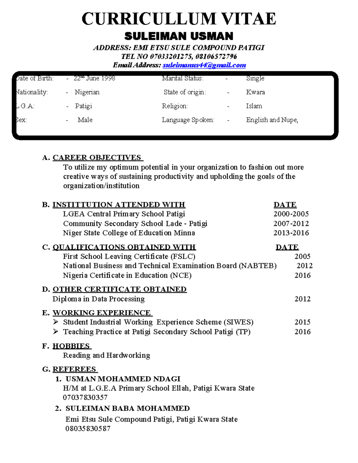 Curricullum Vitae Usman - CURRICULLUM VITAE SULEIMAN USMAN ADDRESS: EMI ...