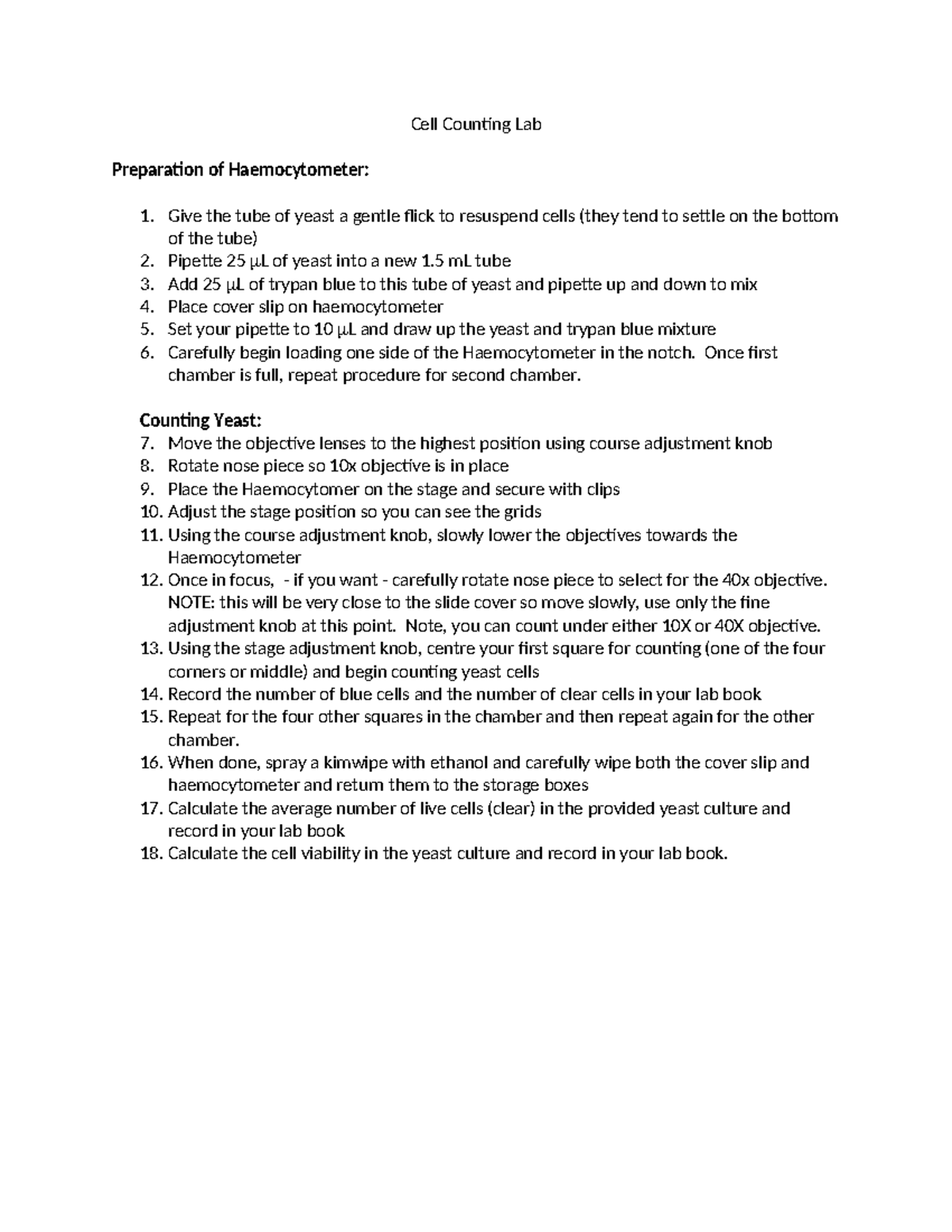 Cell+Counting+Lab protocol - Cell Counting Lab Preparation of ...