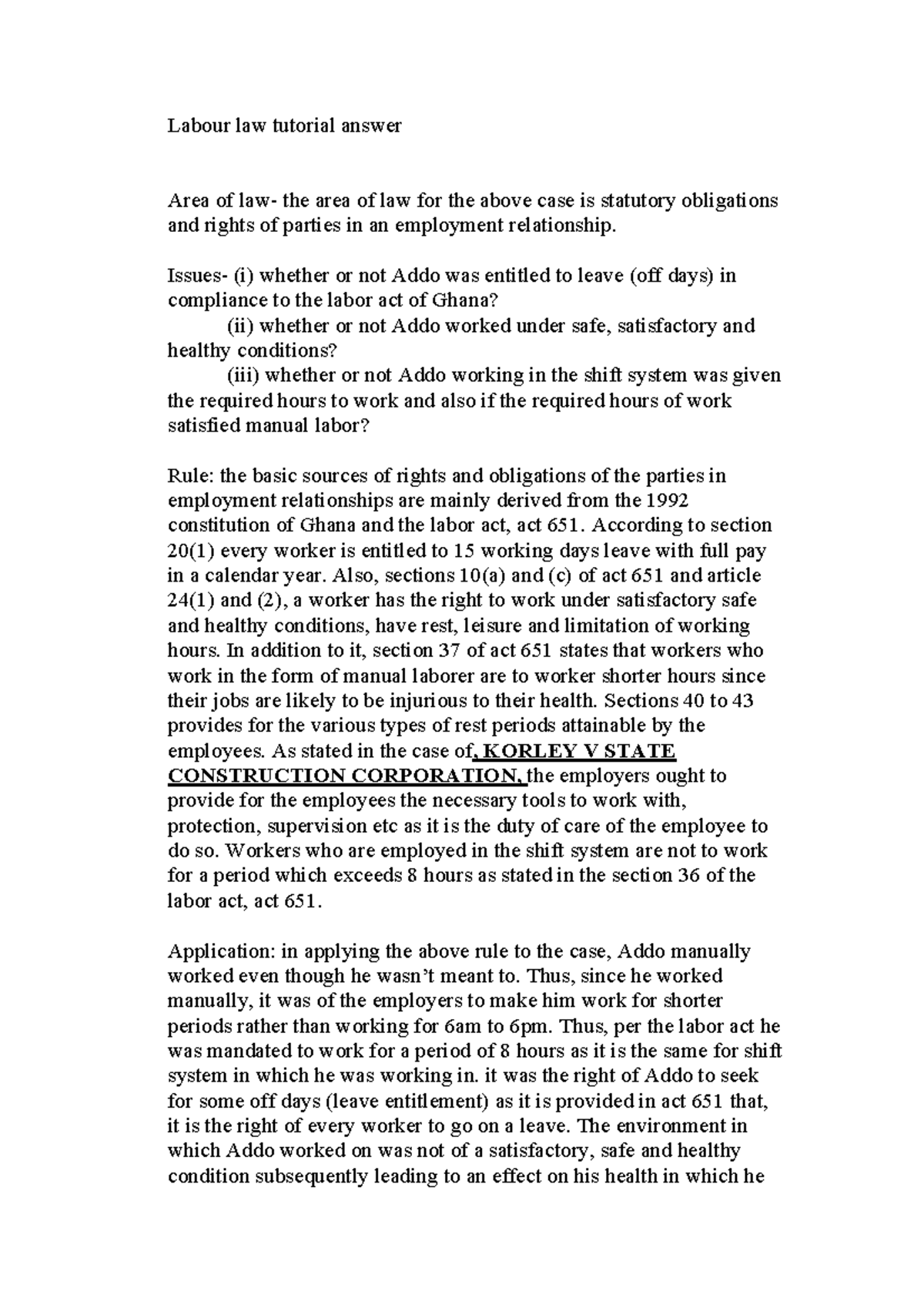 Tutorial ans - labour and employment law - Labour law tutorial answer ...