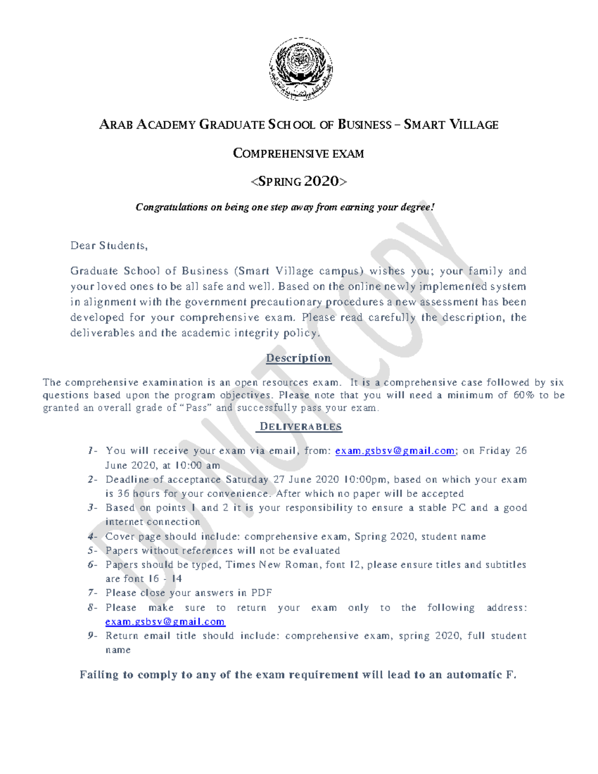 Comprehensive Exam-spring 2020 - ARAB ACADEMY GRADUATE SCHOOL OF ...