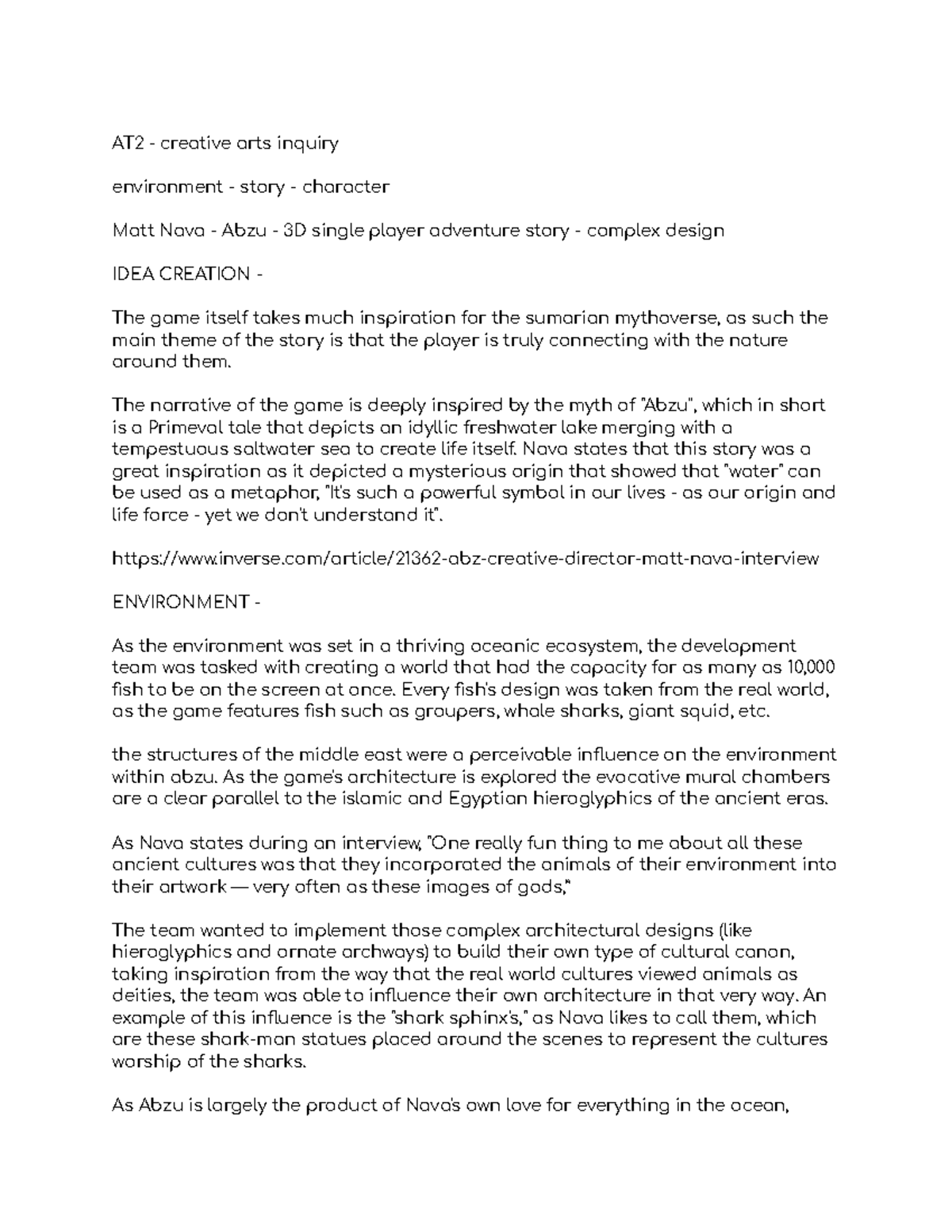 AT2 - inquiry on game design - AT2 - creative arts inquiry environment ...