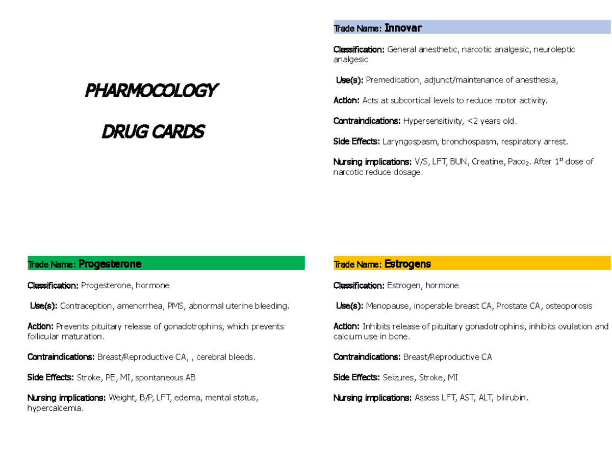 100 pharmacoogy flash cards - PHARMOCOLOGY DRUG CARDS Trade Name ...