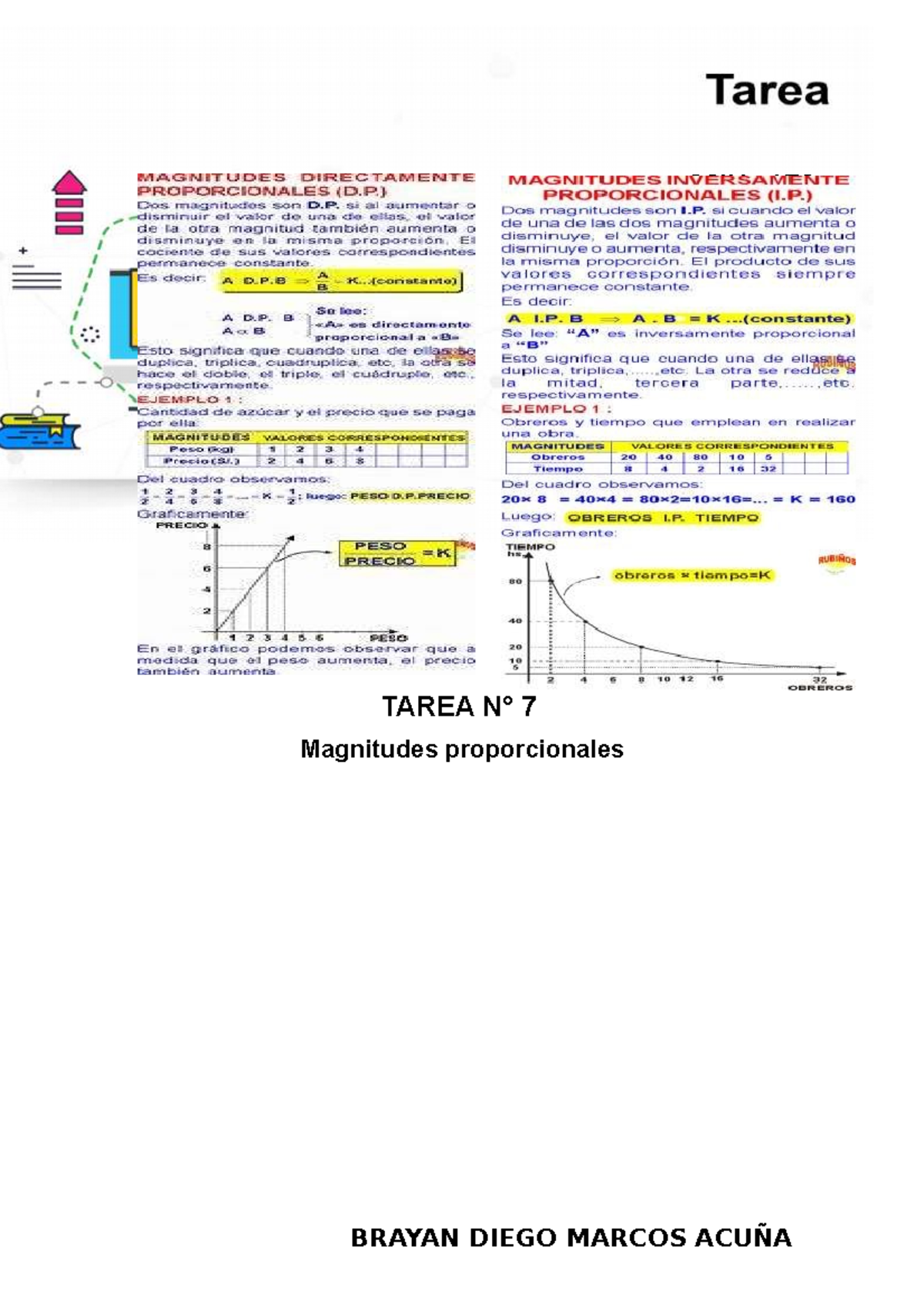 Tarea U007. Brayan Diego Marcos Acuña - TAREA N° 7 Magnitudes proporcionales BRAYAN DIEGO MARCOS ...