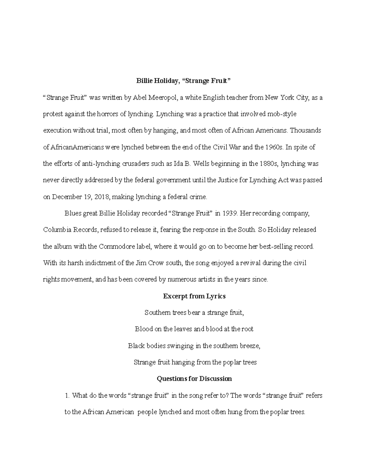 Billie Holiday, Strange Fruit - Billie Holiday, “Strange Fruit ...