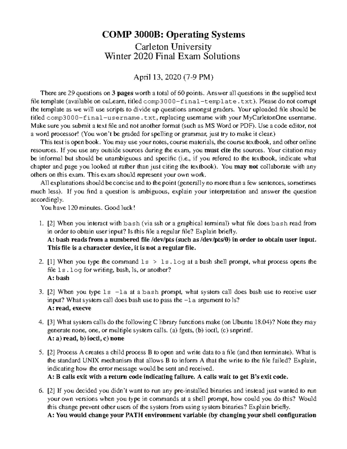 Final[ 2329] - final practice - COMP 3000B: Operating Systems Carleton University Winter 2020 ...