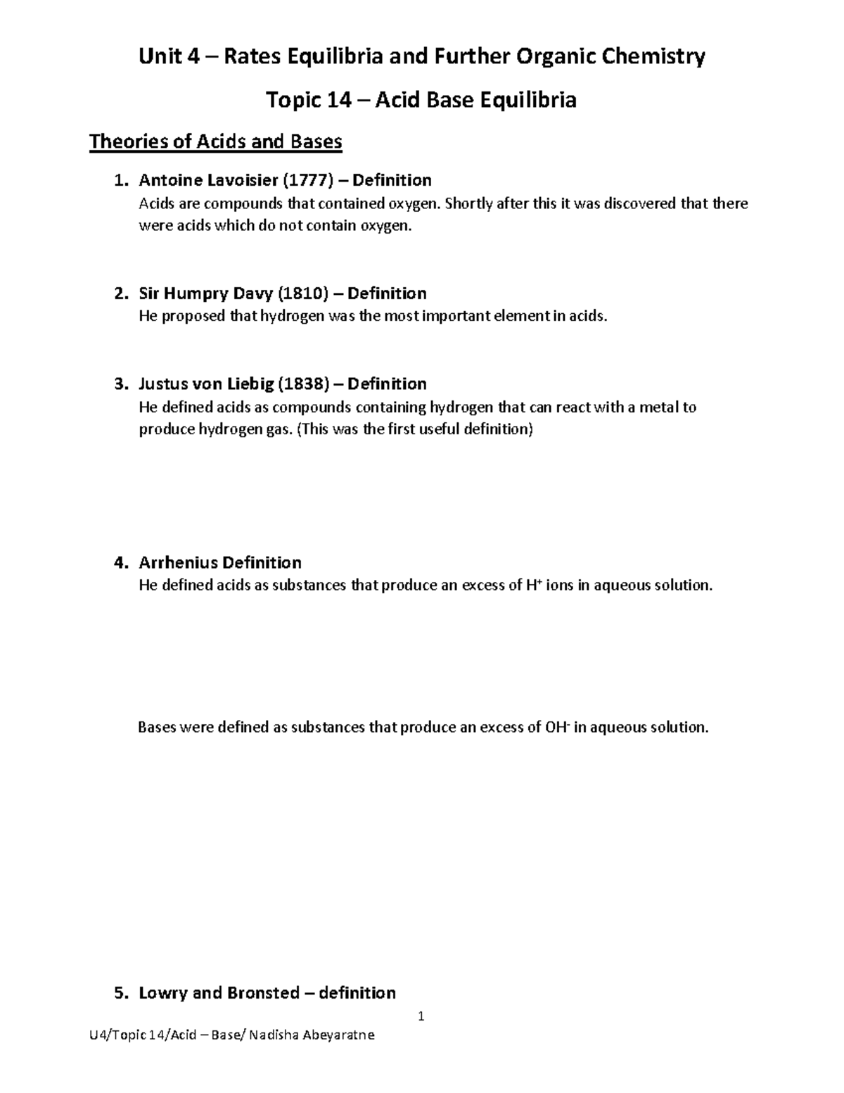 Topic 14-Acid- Base Pages 1-15 - 1 Unit 4 – Rates Equilibria and ...
