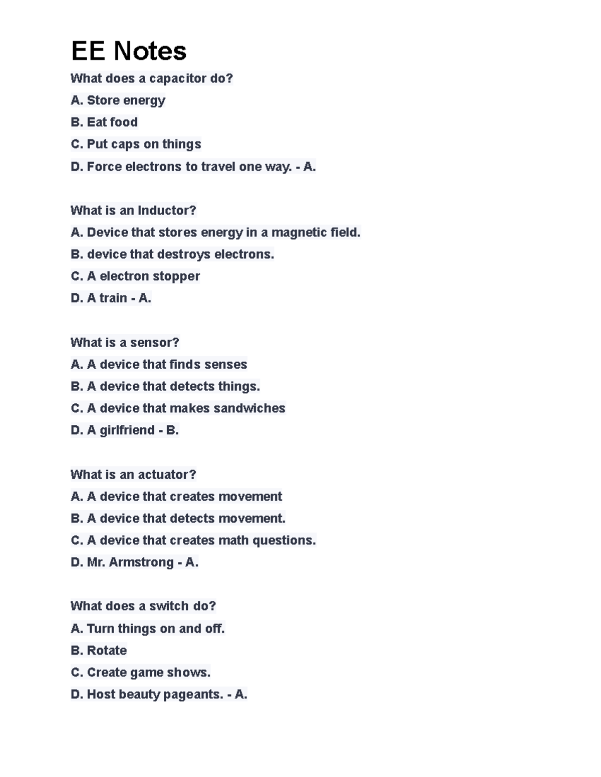 Electrical engine Part16 - EE Notes What does a capacitor do? A. Store ...