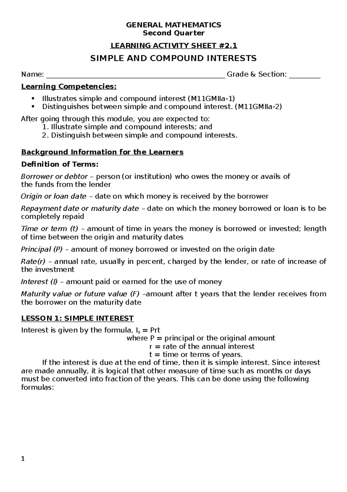 Simple AND Compound Interests - GENERAL MATHEMATICS Second Quarter LEARNING ACTIVITY SHEET #2 ...