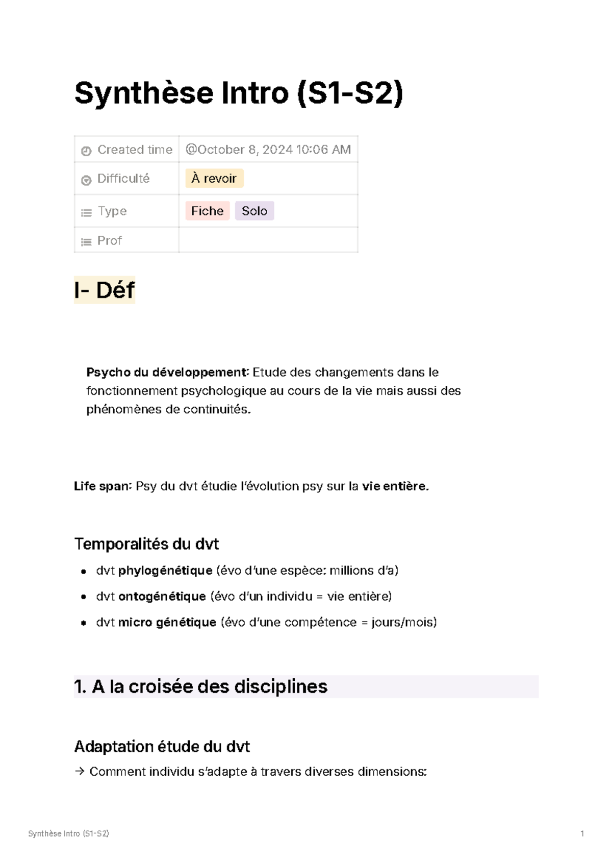 Fiche synthèse Intro Psy developpement - Synthèse Intro (S1-S2) Created time Difficulté À revoir ...