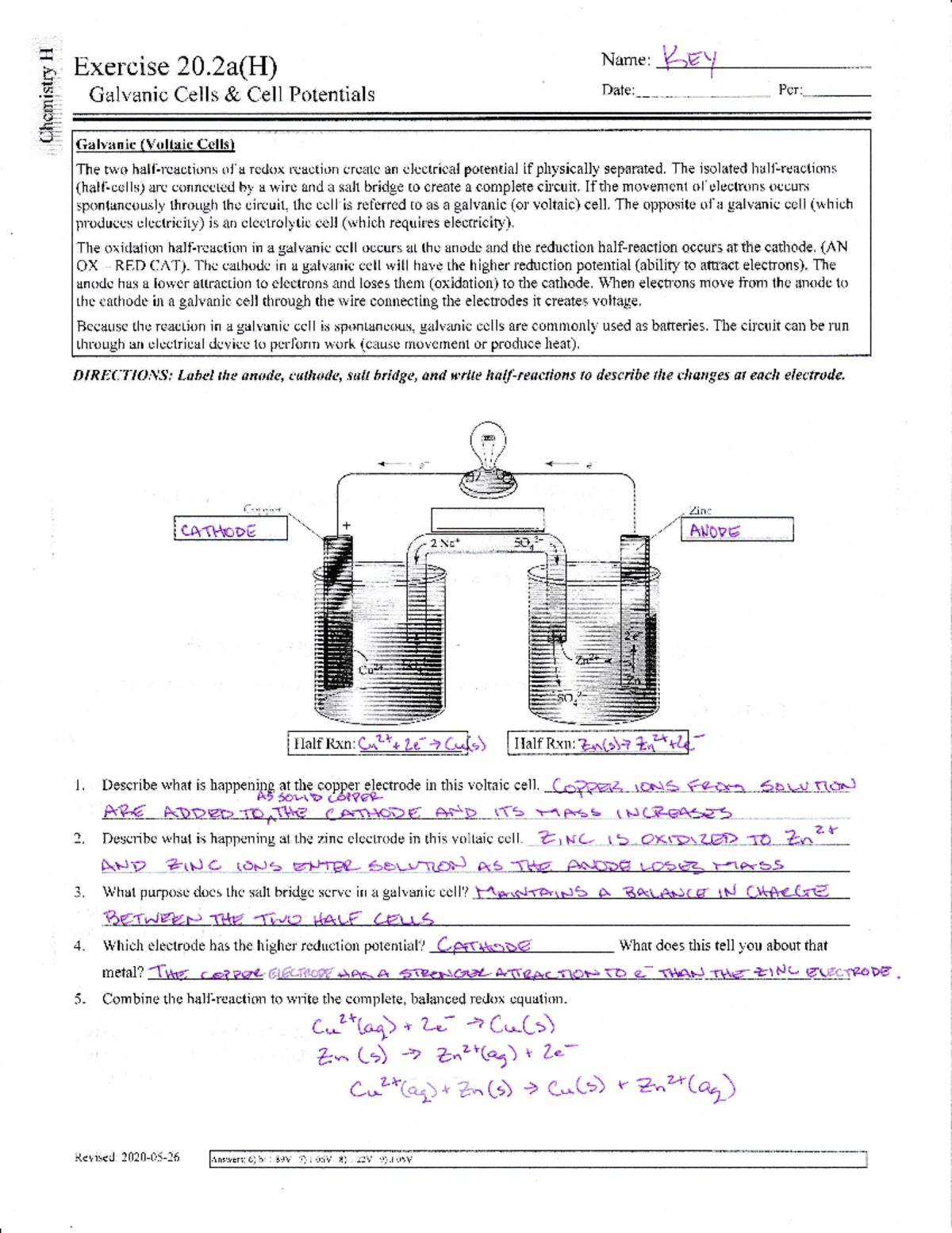 Exercise 20 - Practice - F >,ti a o U Exercis e 202a(H) Galvanic Cells ...